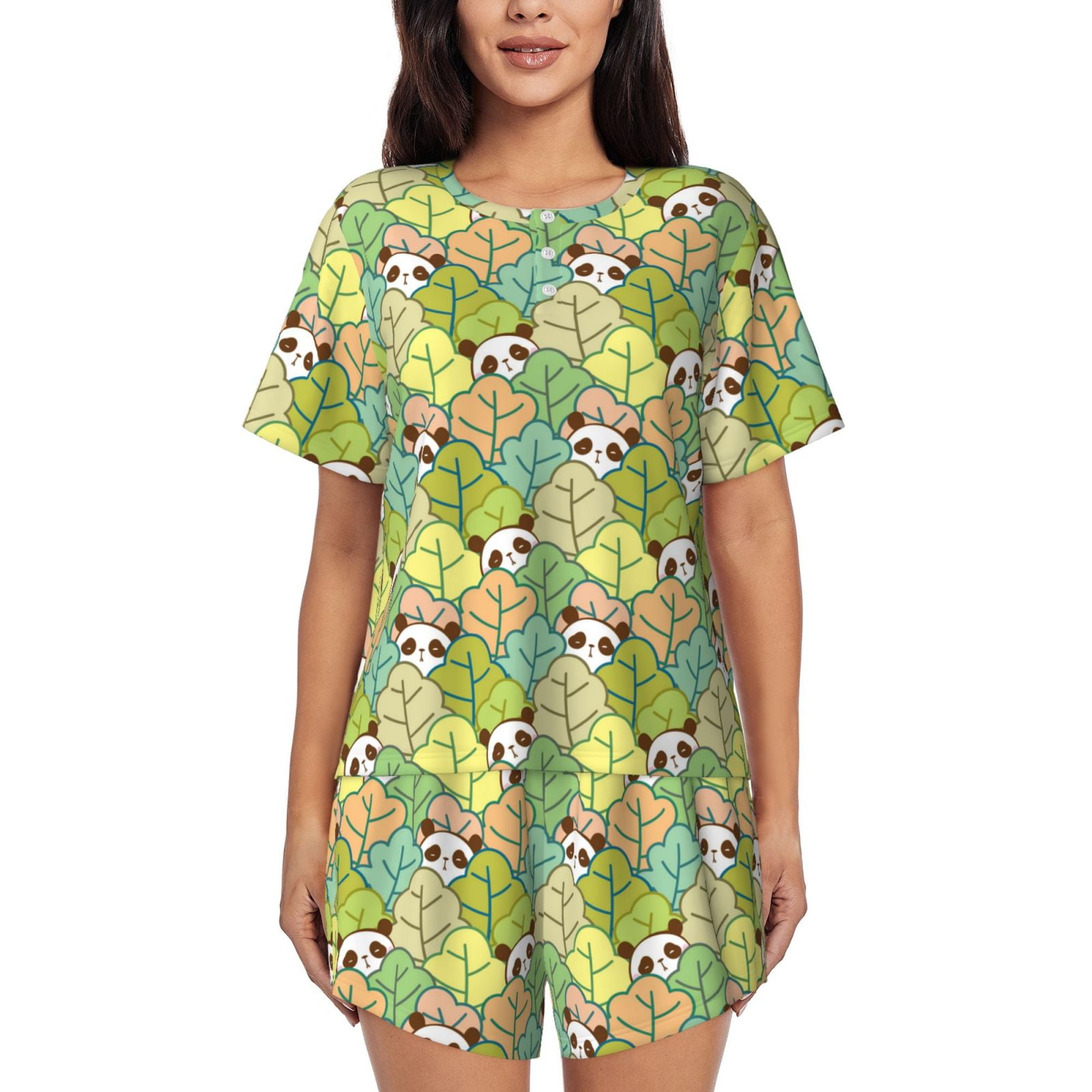 Rateoe Cartoon Panda And Leaf Pattern Women's Short-Sleeved Pajama Set ...