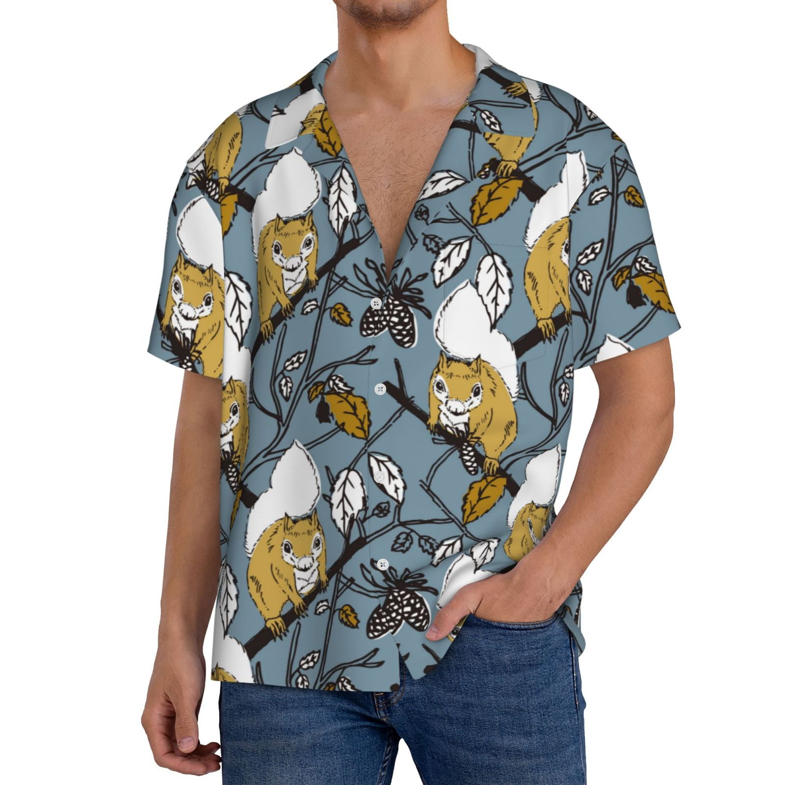 Rateoe Cartoon Squirrel on Branch Pattern Men's Short Sleeve Classic ...