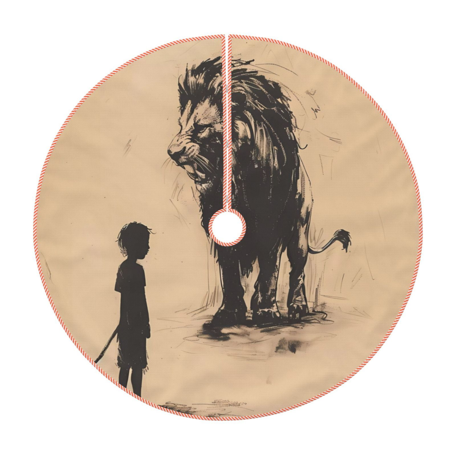 Rateoe Child And Lion Sketch Pattern Christmas Tree Skirt with Ties ...