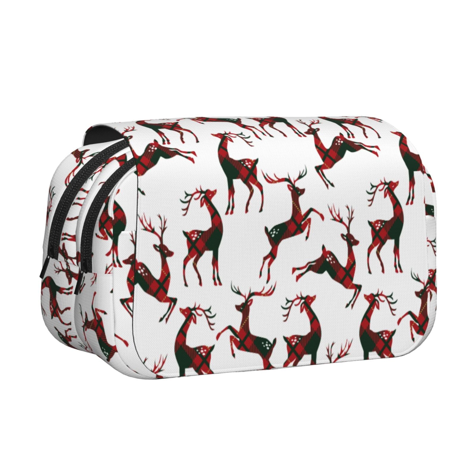 Rateoe Christmas Plaid Moose Pattern Double Clamshell Pen Case, Storage ...
