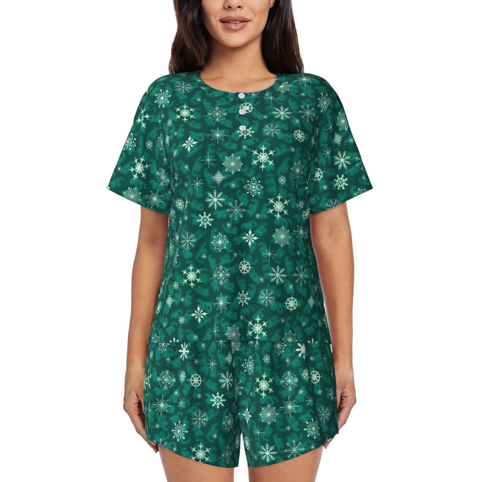 Rateoe Christmas Snowflakes Pattern Women's Short-Sleeved Pajama Set ...
