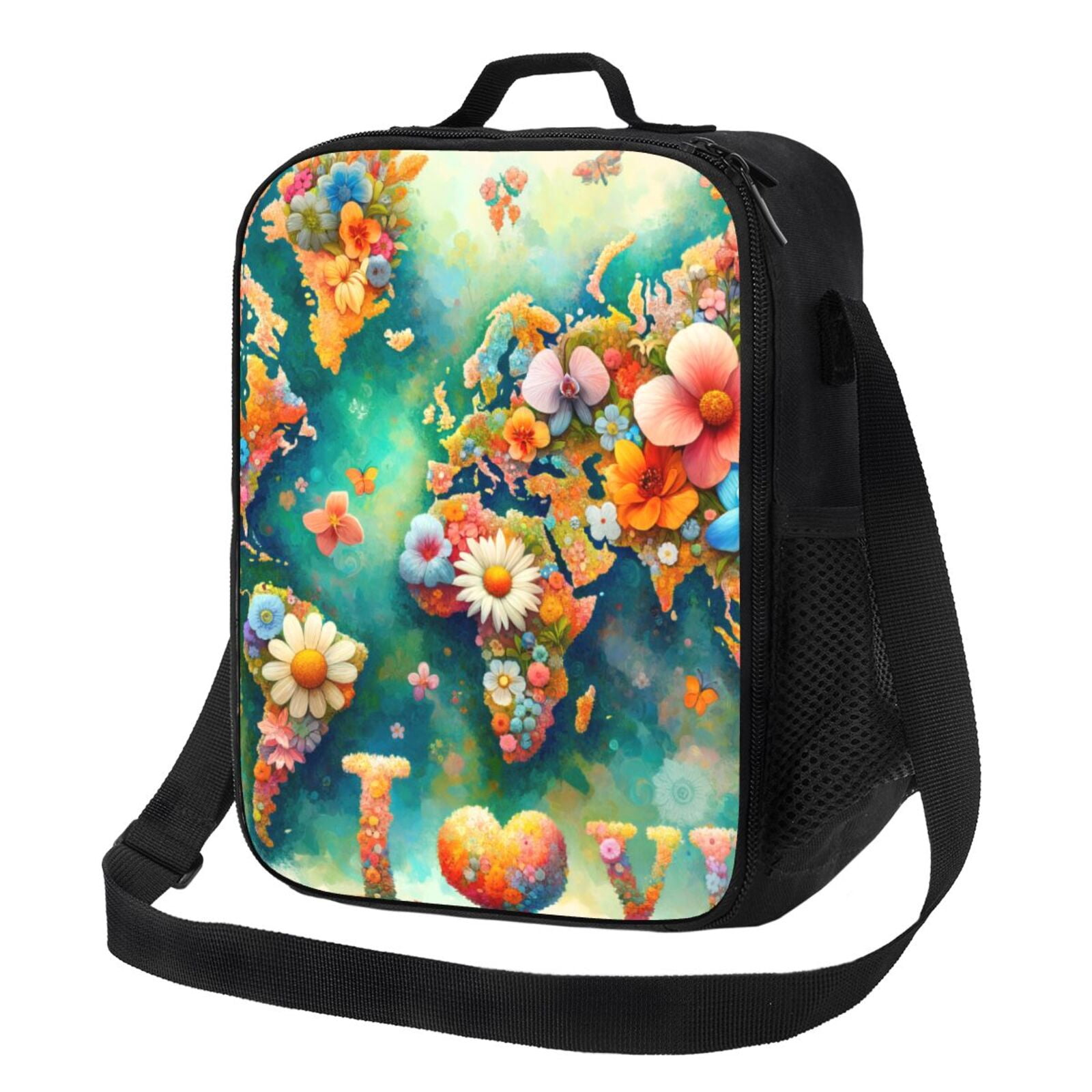Rateoe Colorful World Map Lunch Bag Reusable Lunch Box with Shoulder ...