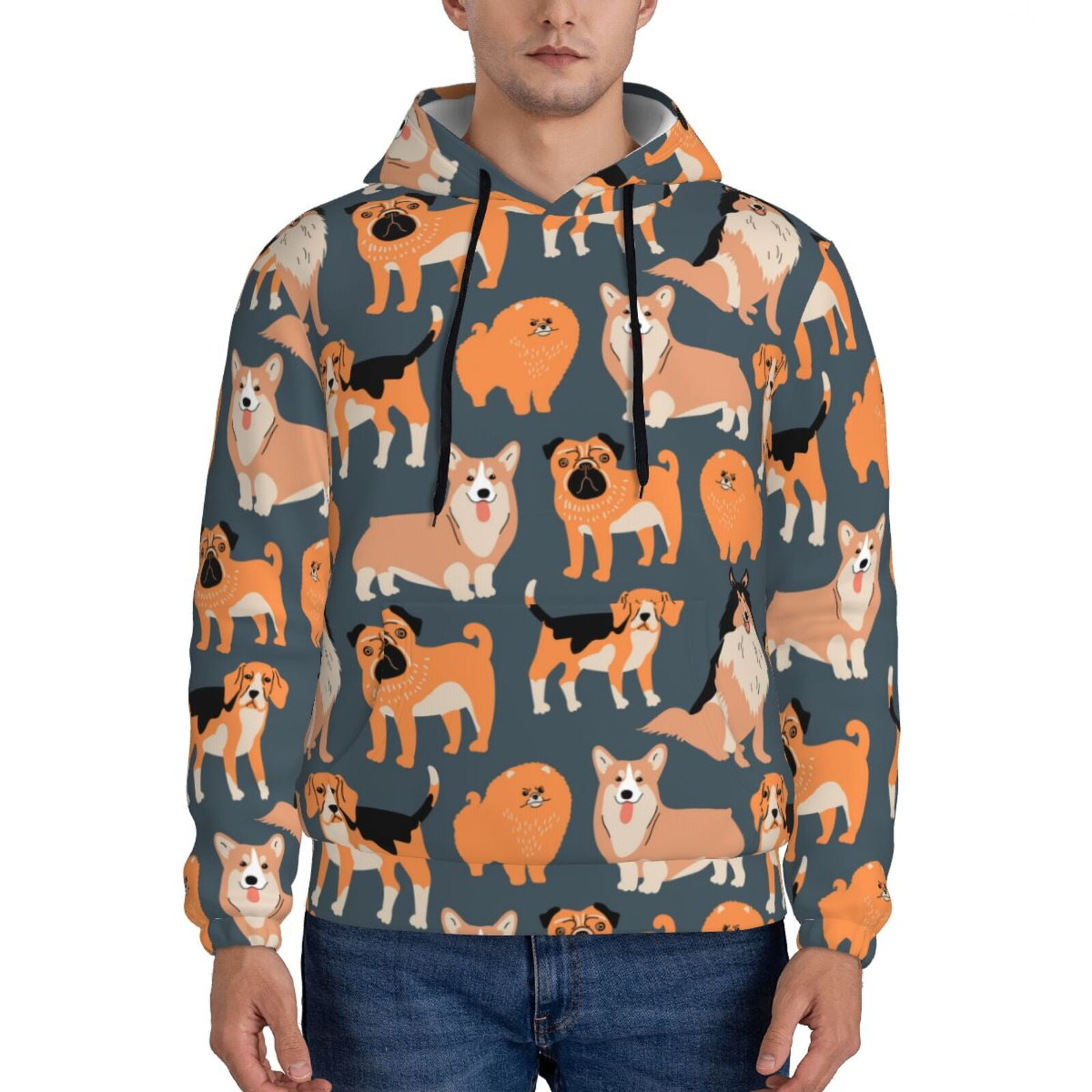 Rateoe Corgi Collie Pug Pattern Mens Hoodie, Pullover Hooded Sweatshirt ...