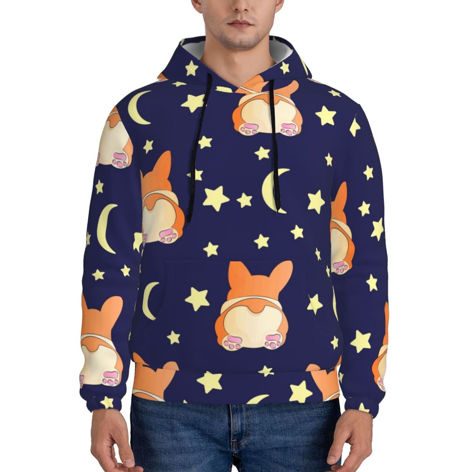 Rateoe Corgi Lying With Moons And Stars Pattern Mens Hoodie, Pullover ...