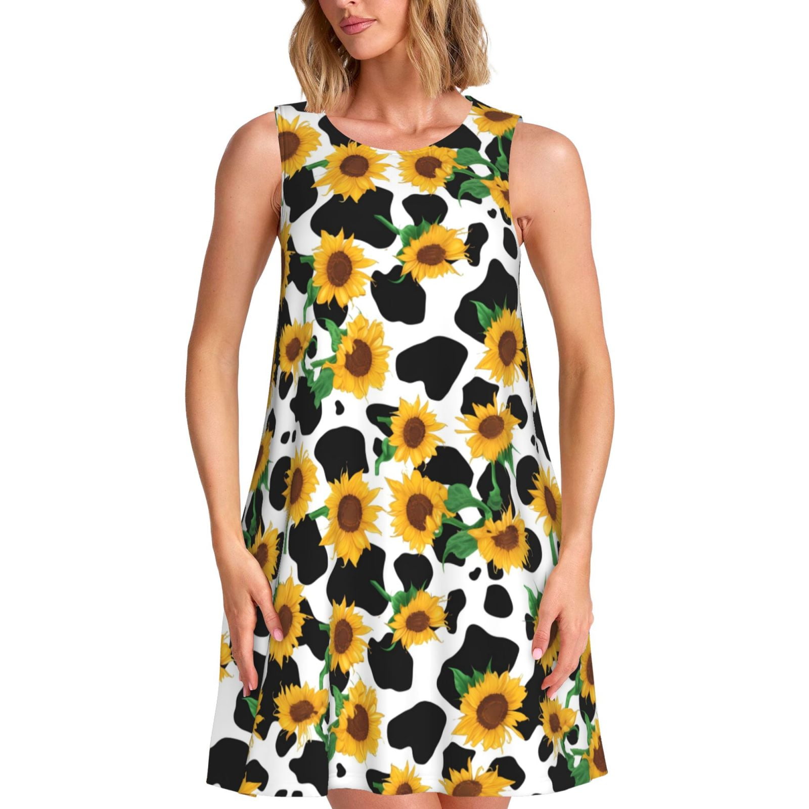 Rateoe Cute Cow Print Sunflower C Pattern Women’s Sleeveless Dress ...