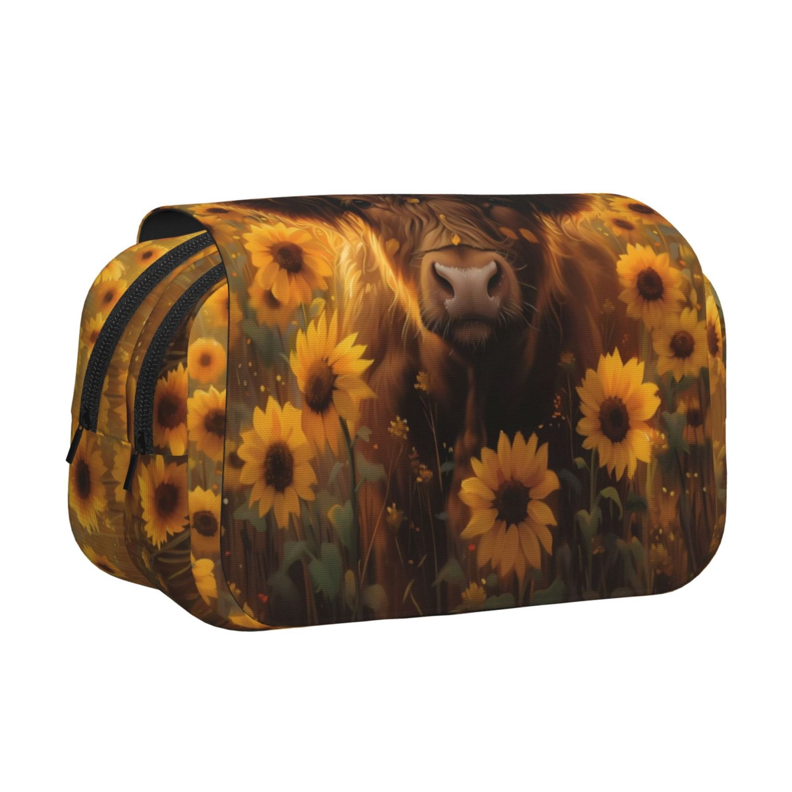 Rateoe Cute Cow Sunflower Field Pattern Double Clamshell Pen Case ...