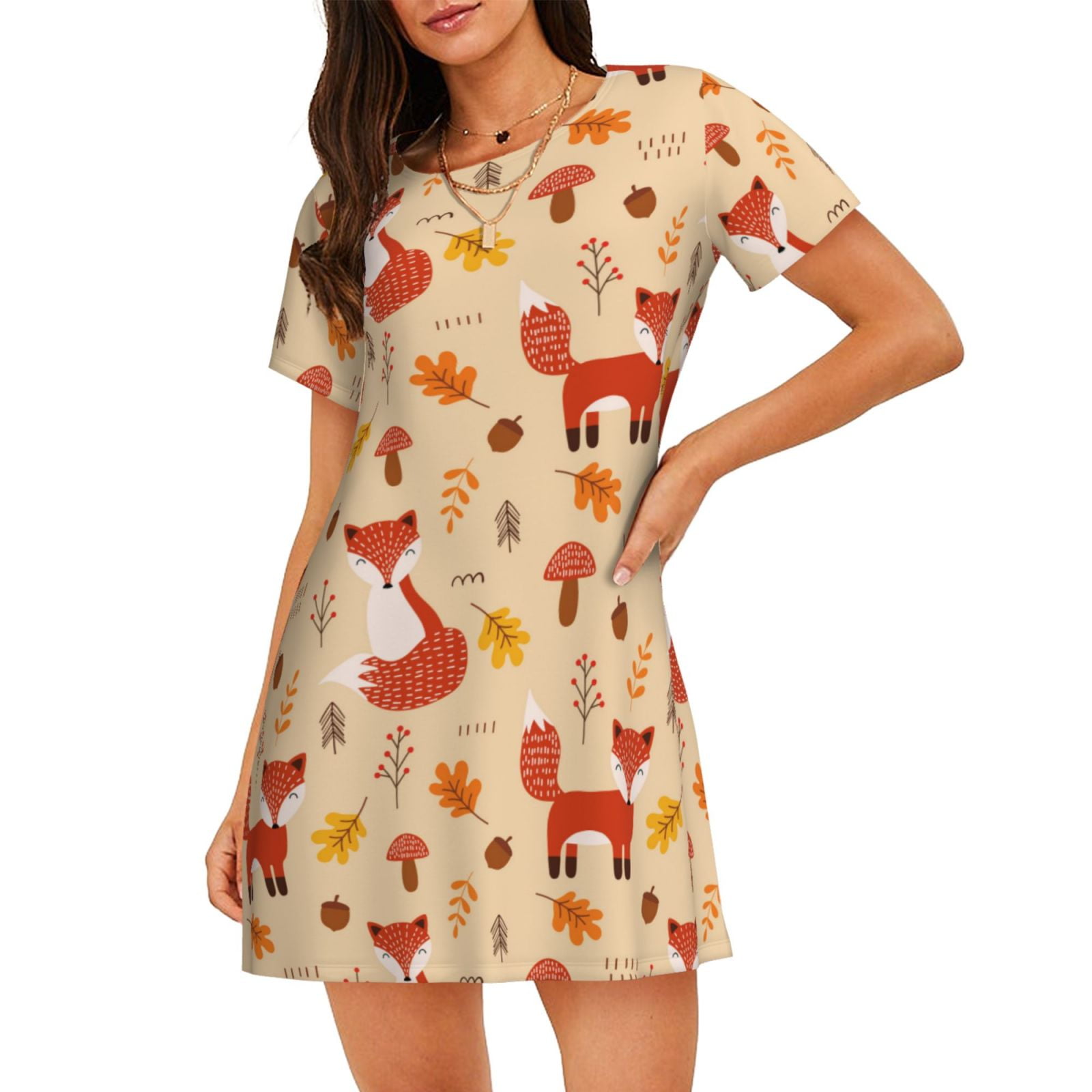 Rateoe Cute Foxes Print Women’s Nightdress – Cozy Cotton Short-sleeved ...