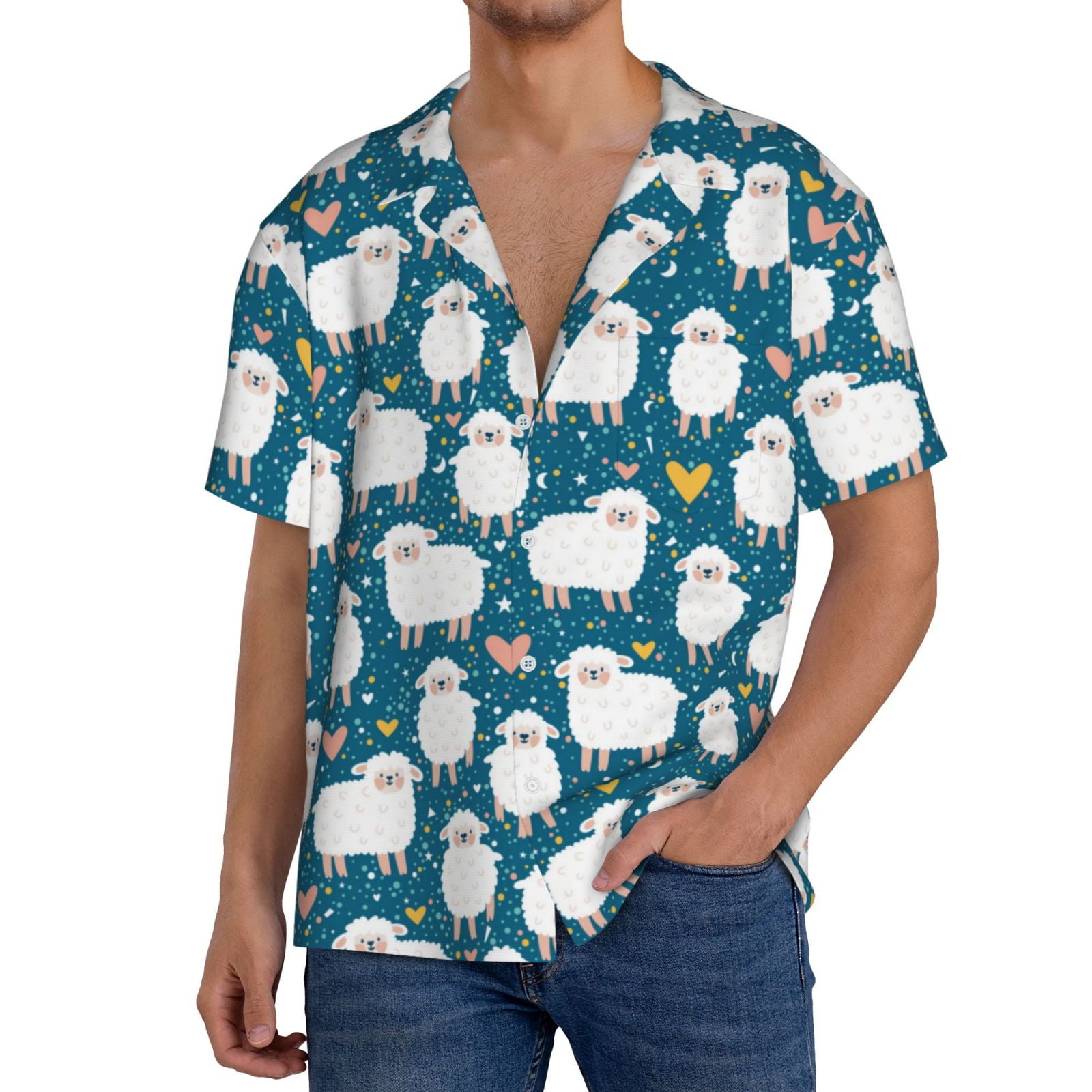 Rateoe Cute Sheep And Hearts Pattern Men's Short Sleeve Classic Shirt ...