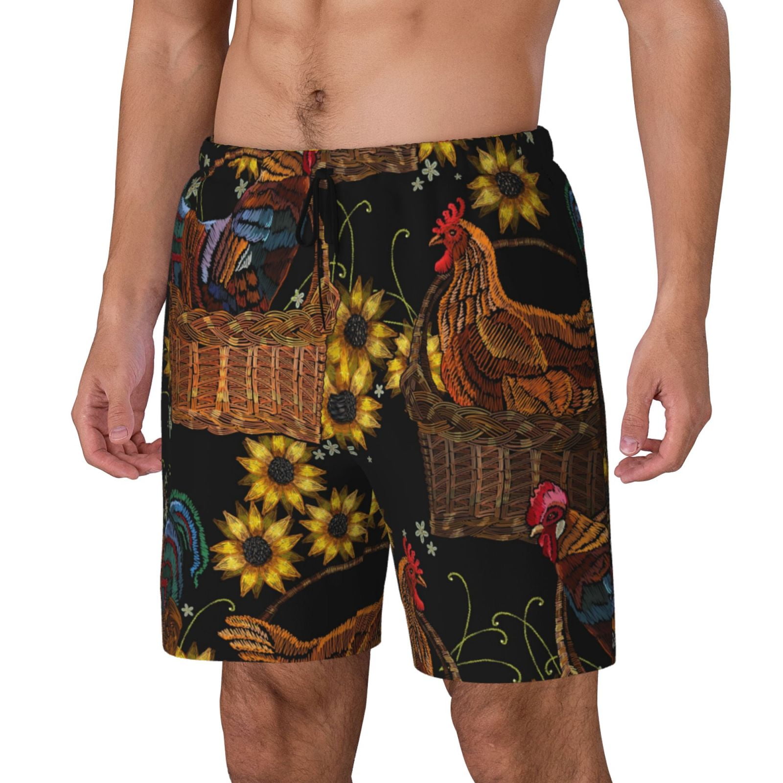 Rateoe Embroidery Chicken Rooster Pattern Men’s Swim Shorts with ...