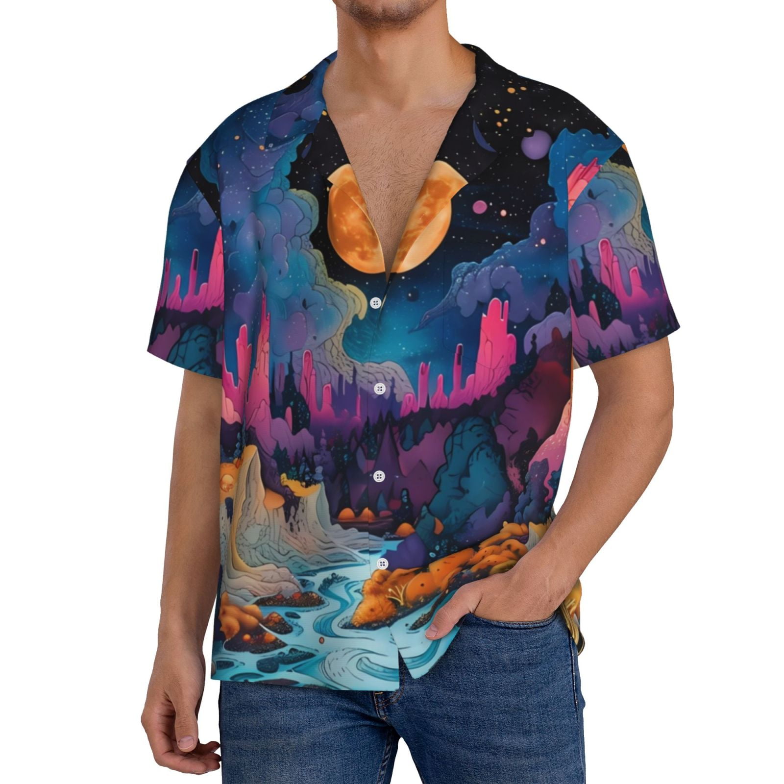 Rateoe Fantasy Cosmic Landscape Print Mens Front Pocket Hawaiian Shirts ...