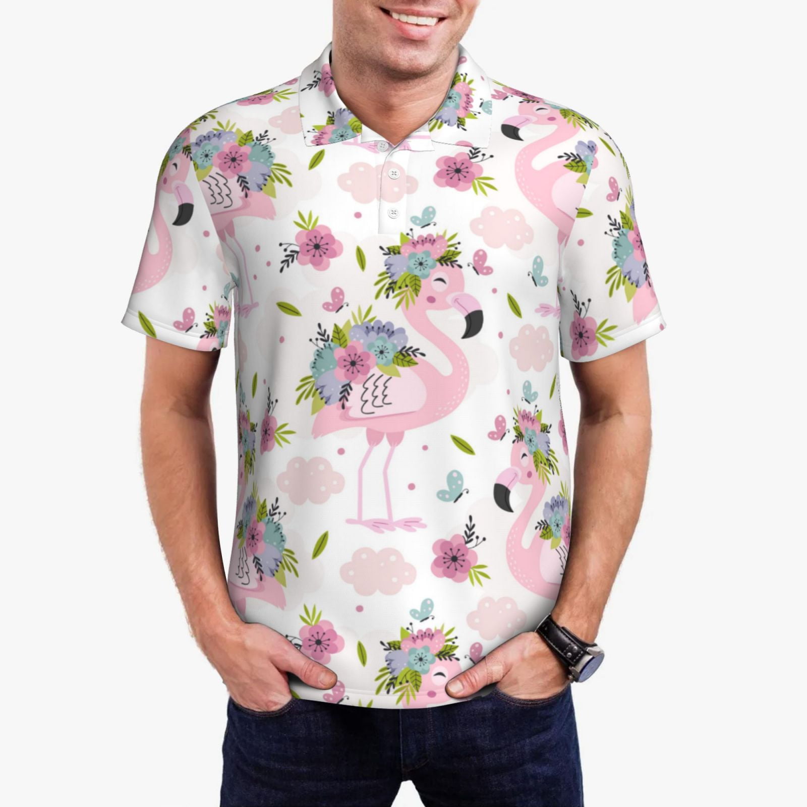 Rateoe Flamingo And Flowers Pattern Men's Short Sleeve Polo Shirts ...