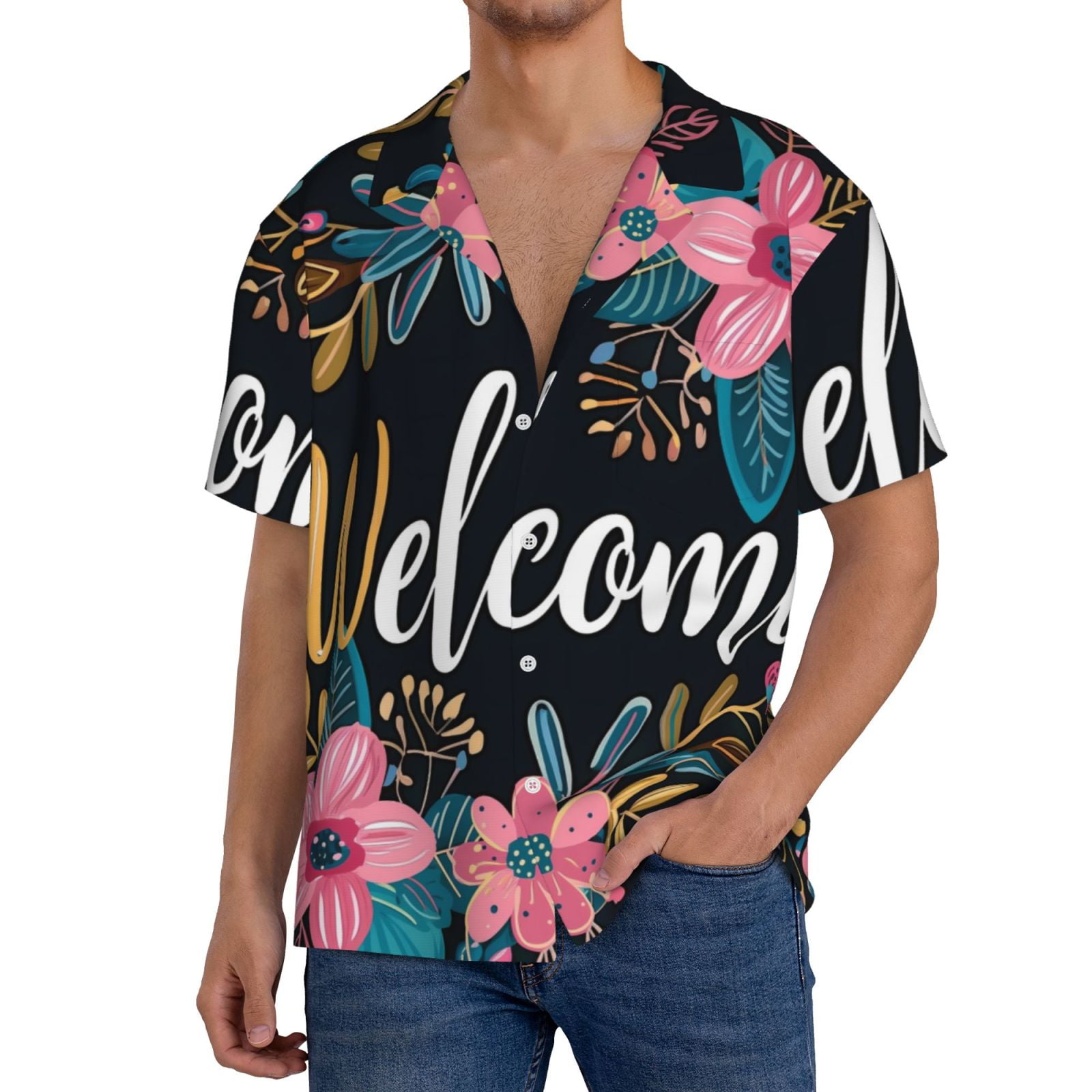 Rateoe Floral Welcome Sign Print Mens Front Pocket Hawaiian Shirts ...