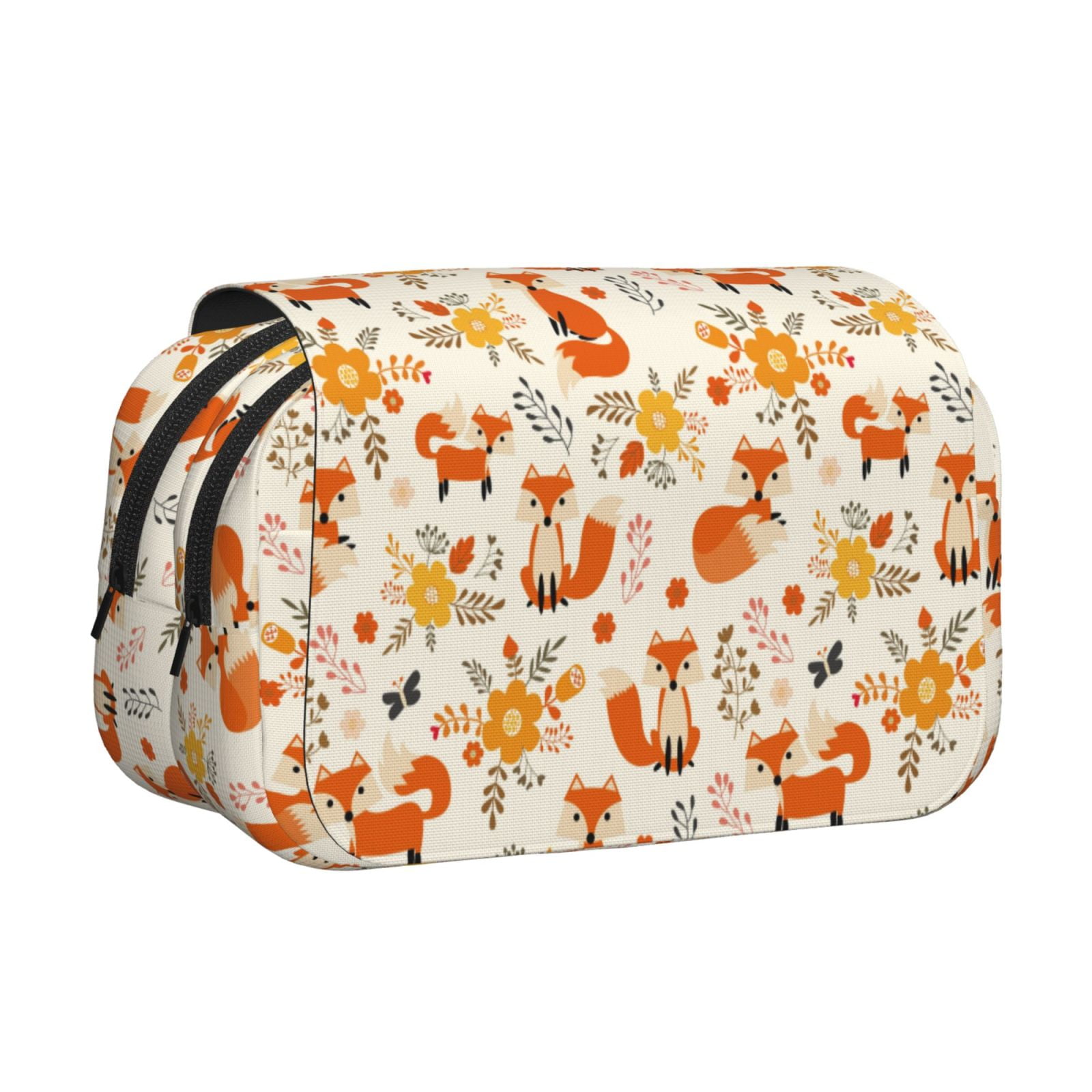 Rateoe Flower Fox Pattern Double Clamshell Pen Case, Storage Organizer ...