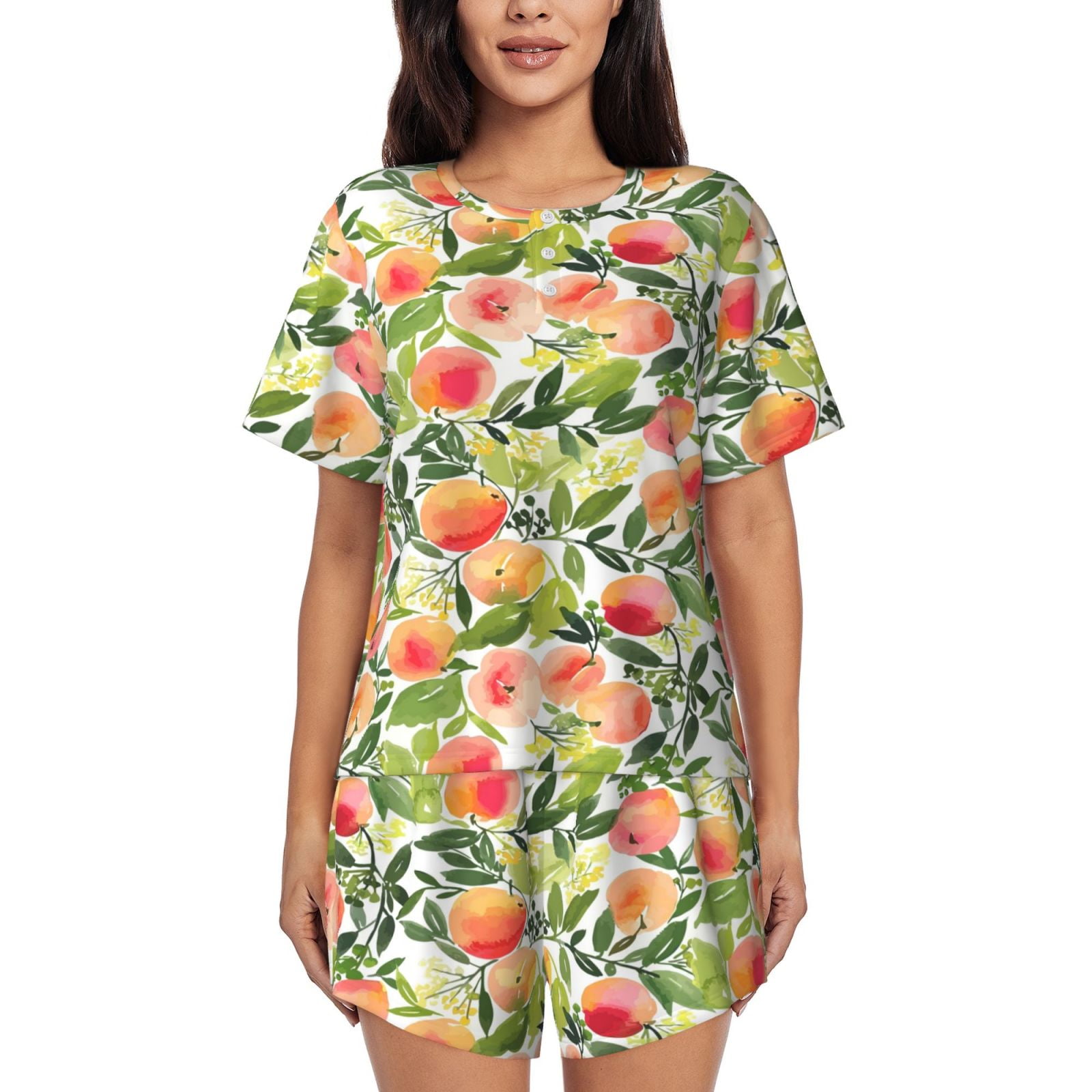 Rateoe Fruits Peach1 Pattern Women's Short-Sleeved Pajama Set - 2 Piece ...