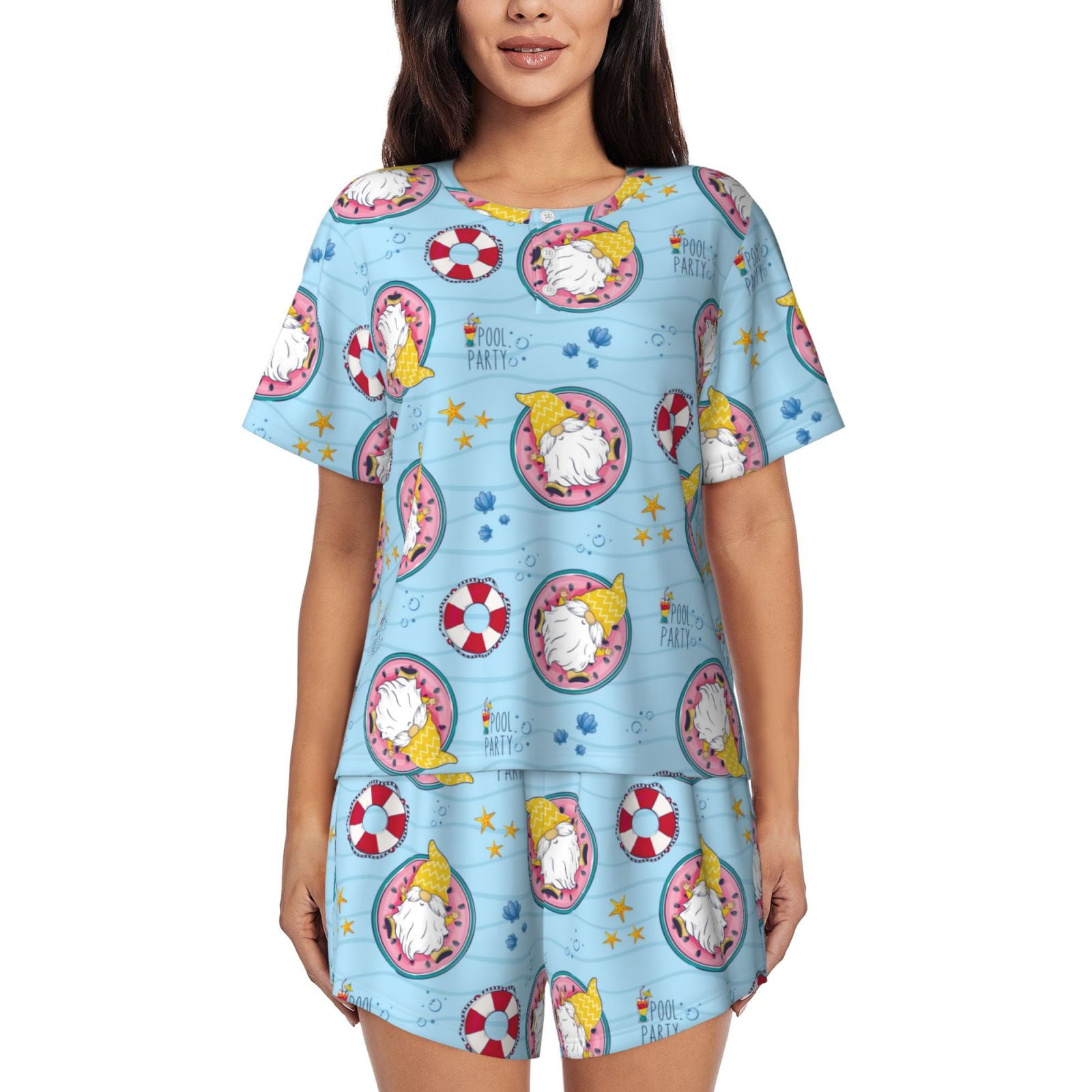 Rateoe Gnome Pool Party Pattern Women's Short-Sleeved Pajama Set - 2 ...