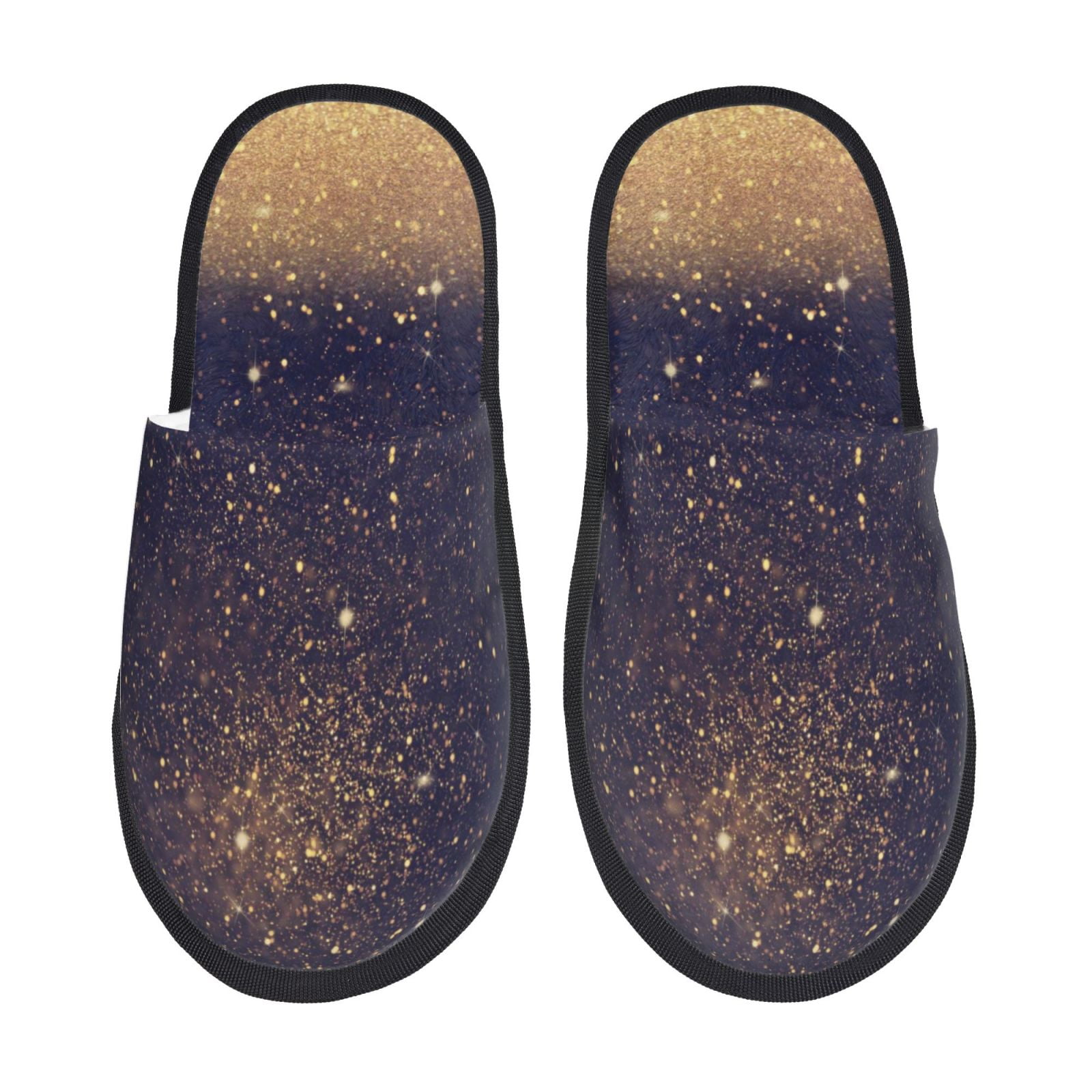 Rateoe Gold Black Glitter Pattern Fuzzy Slippers Fuzzy Soft House ...