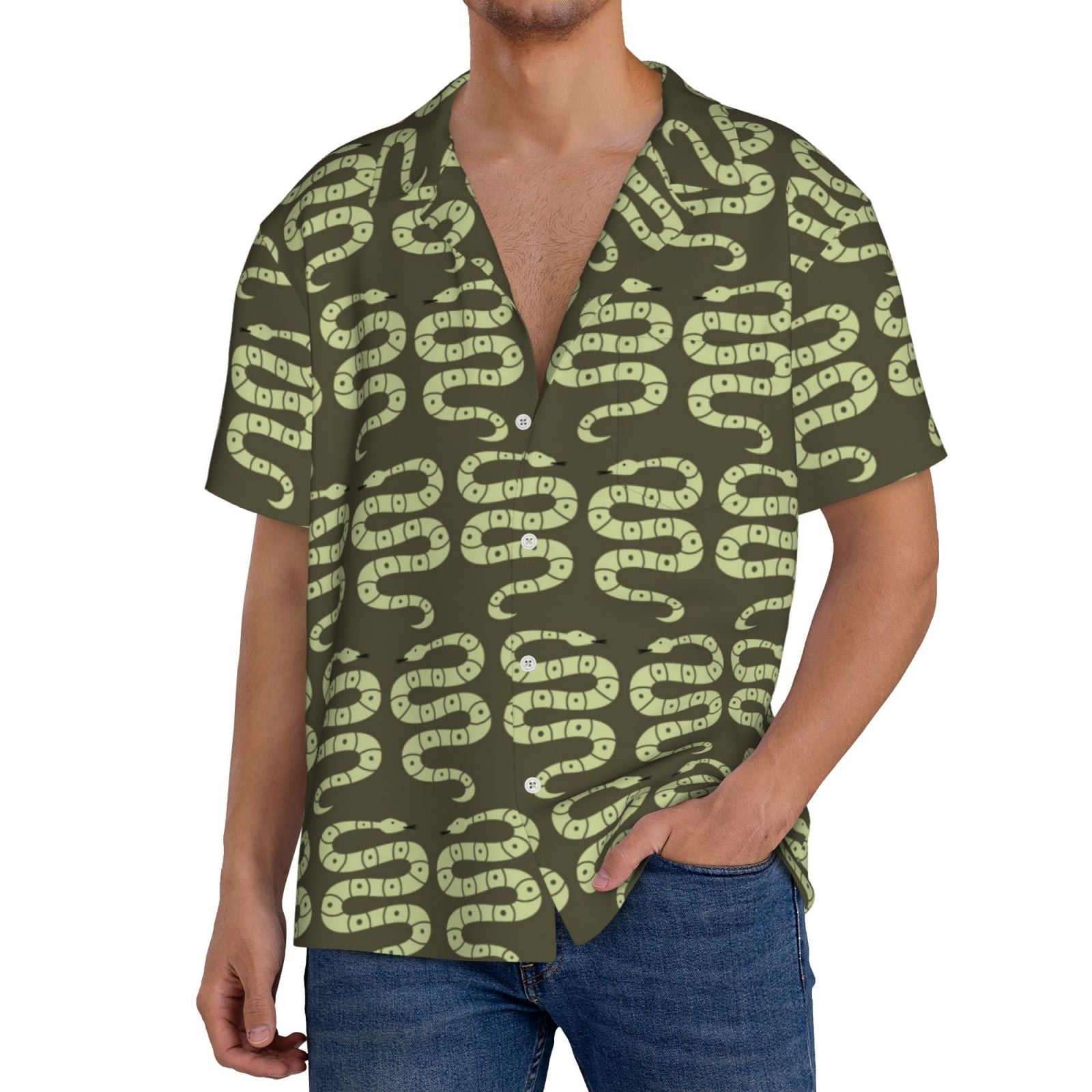 Rateoe Green Snake Pattern Men's Short Sleeve Classic Shirt, Casual ...
