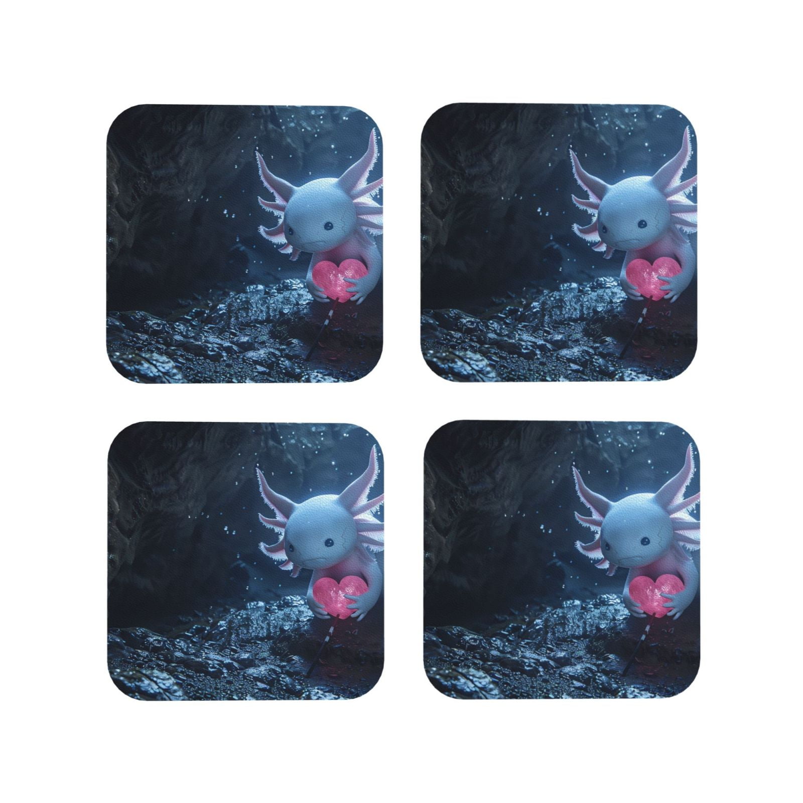 Rateoe Heart Axolotl Drawing Drink Coasters Set of 4 Leather Coasters ...