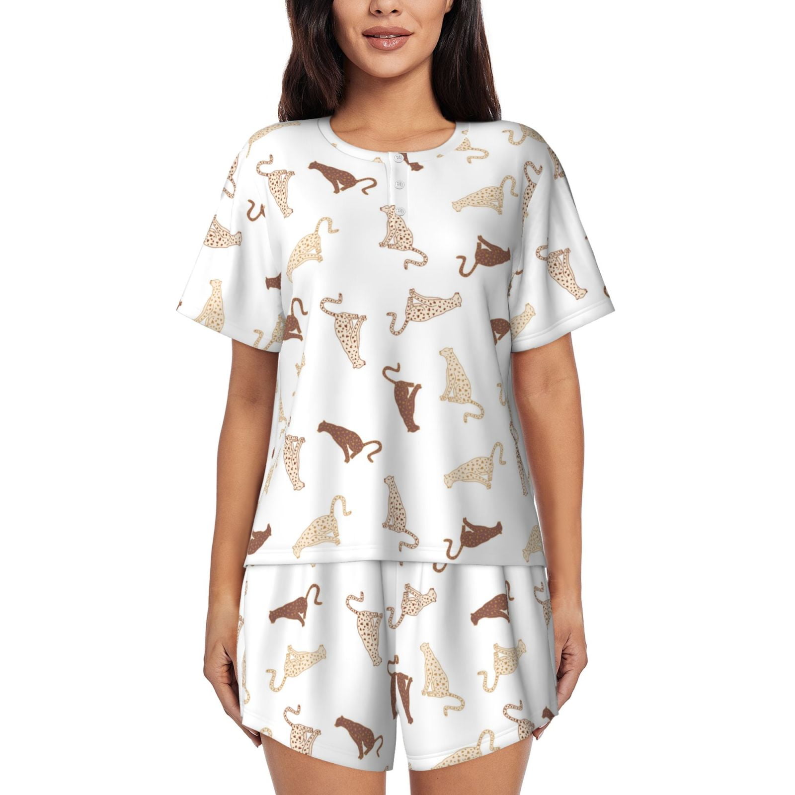 Rateoe Leopard Print Pattern Women's Short-Sleeved Pajama Set - 2 Piece ...