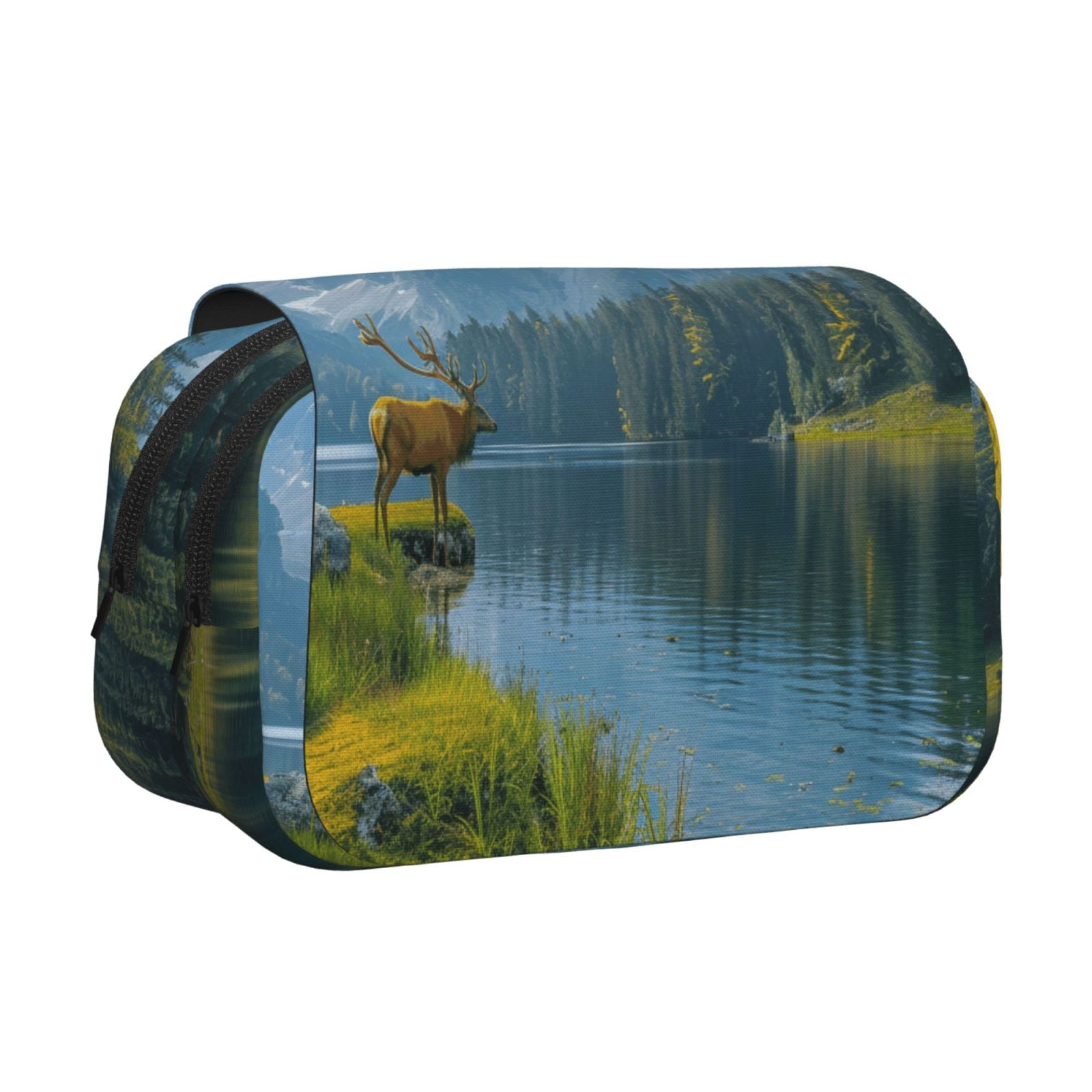 Rateoe Majestic Deer Mountain Lake Pattern Double Clamshell Pen Case ...