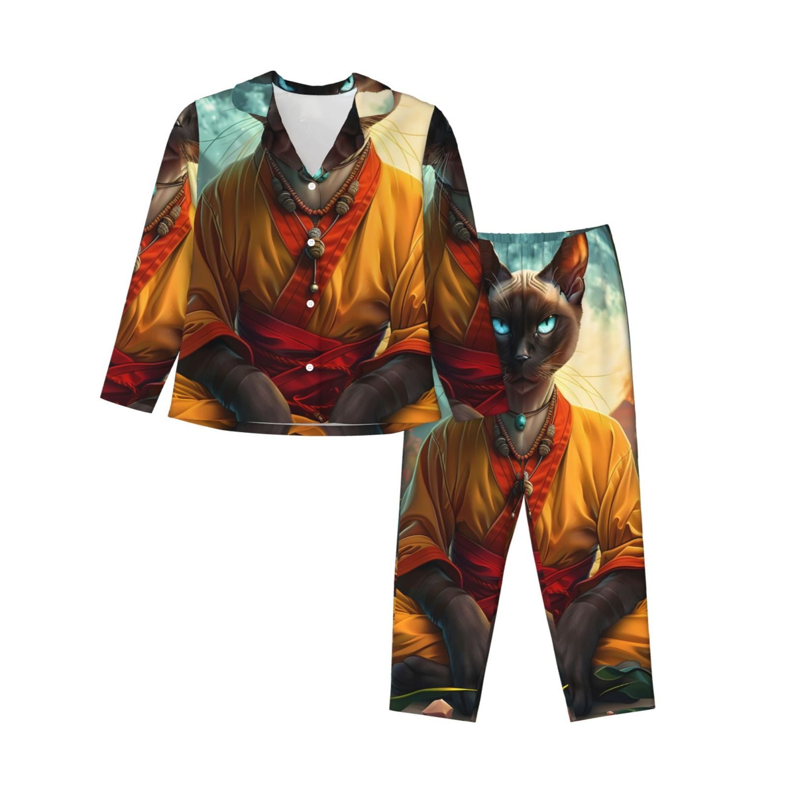 Rateoe Moonlit Hairless Cat Monk Pattern Womens Pajamas Set Long Sleeve ...