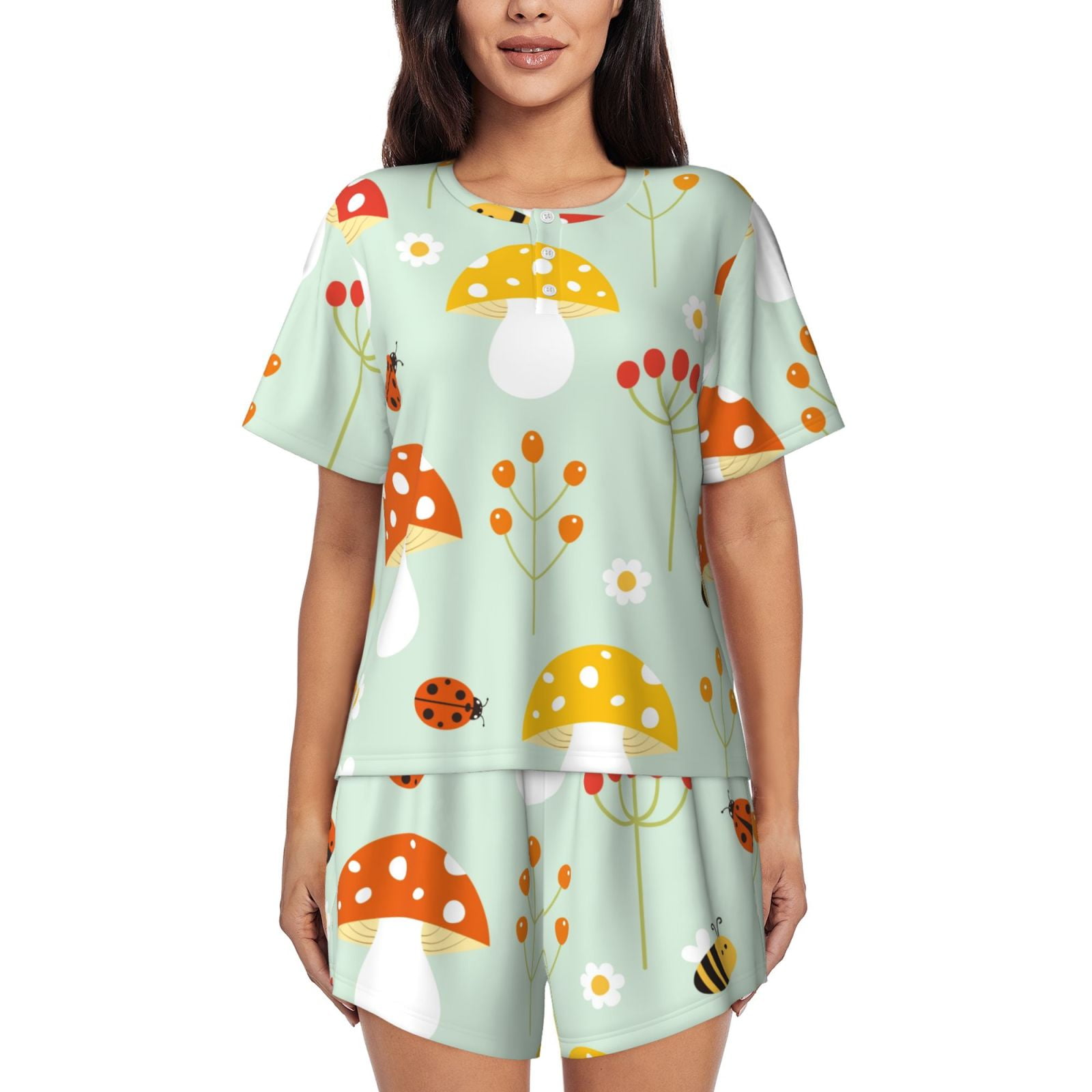 Rateoe Mushroom Bee Pattern Women's Short-Sleeved Pajama Set - 2 Piece ...