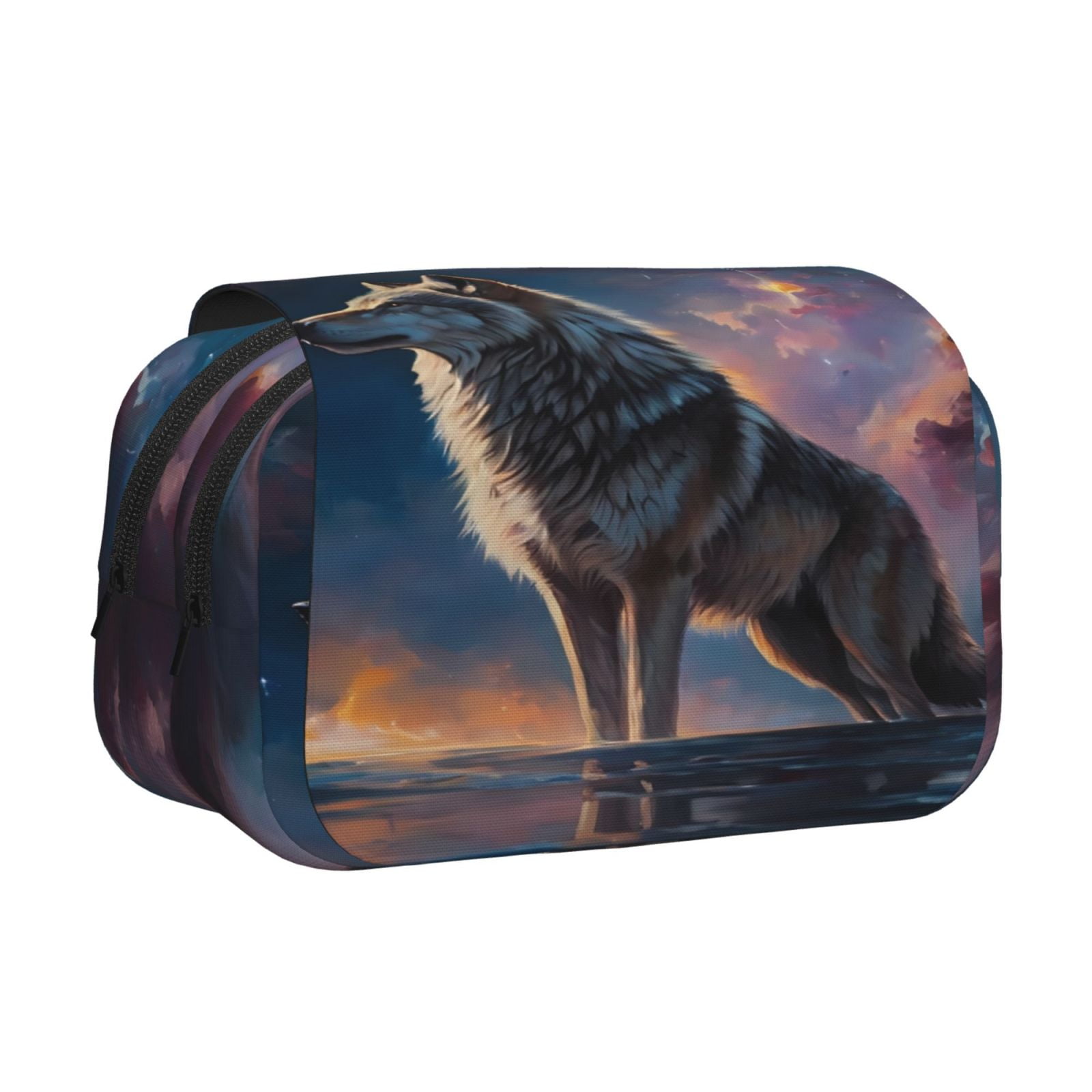 Rateoe Night Sky Wolf Pattern Double Clamshell Pen Case, Storage ...