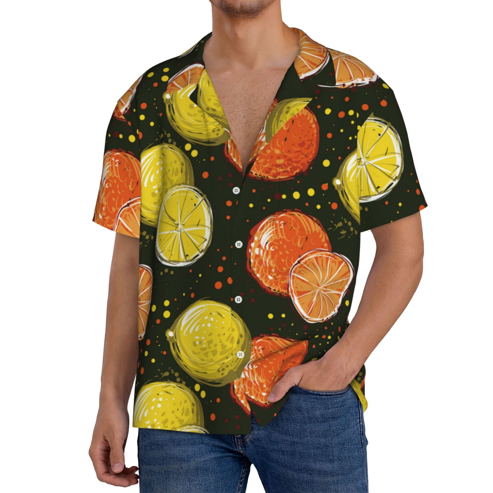 Rateoe Orange Lemon Pattern Men's Short Sleeve Classic Shirt, Casual ...