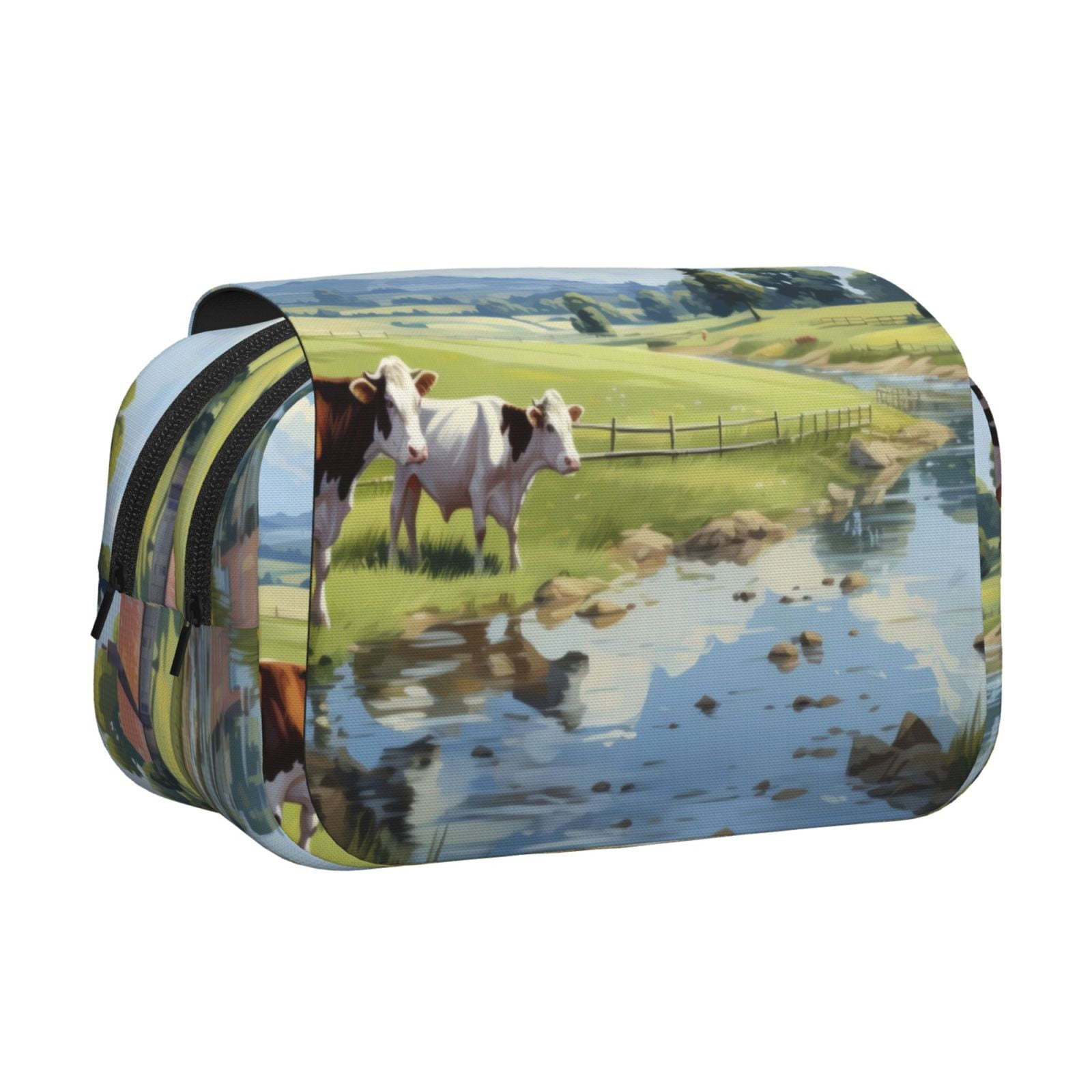 Rateoe Pasture Cow Pattern Double Clamshell Pen Case, Storage Organizer ...