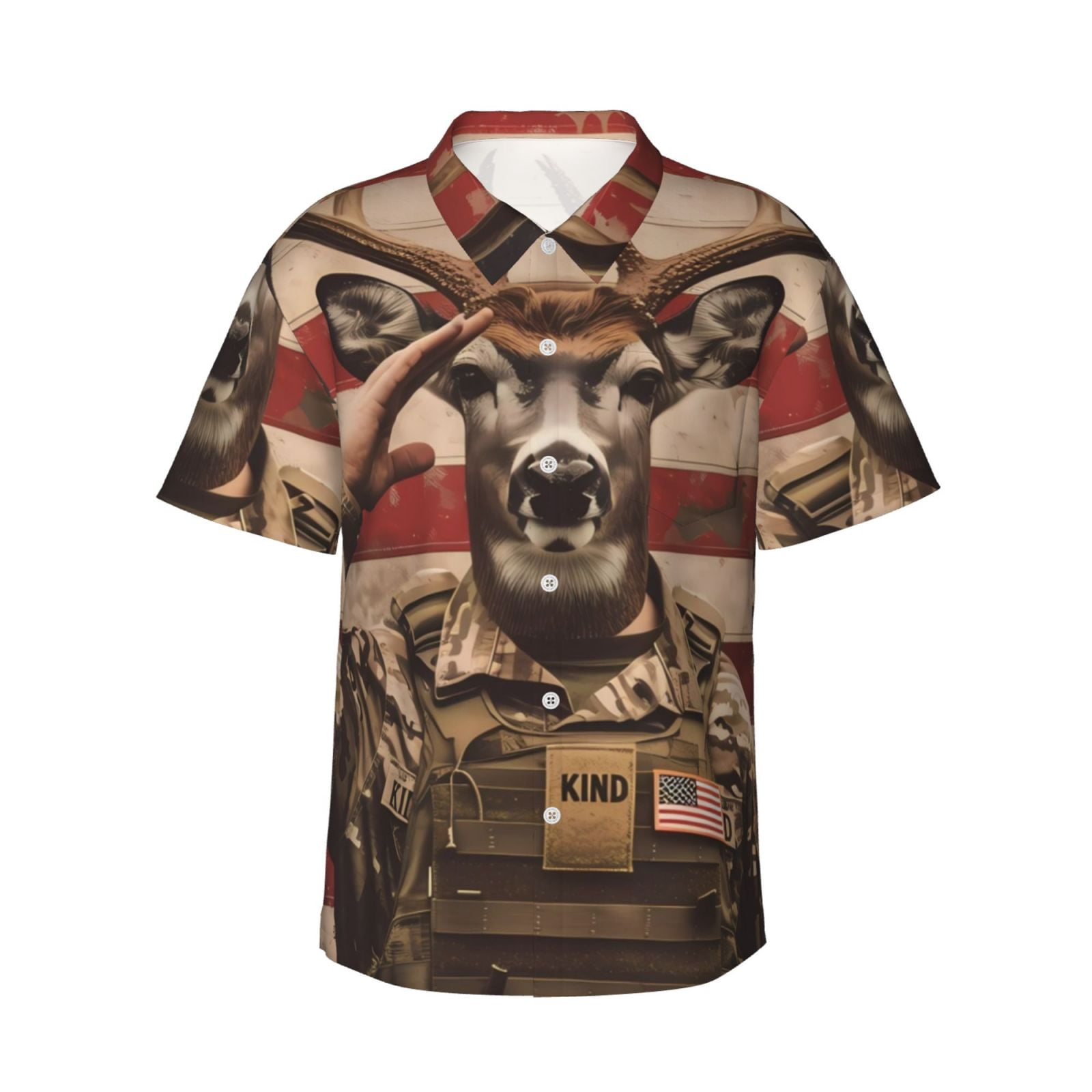 Rateoe Patriotic Deer Soldier Salute Pattern Men’s Hawaiian Shirt ...