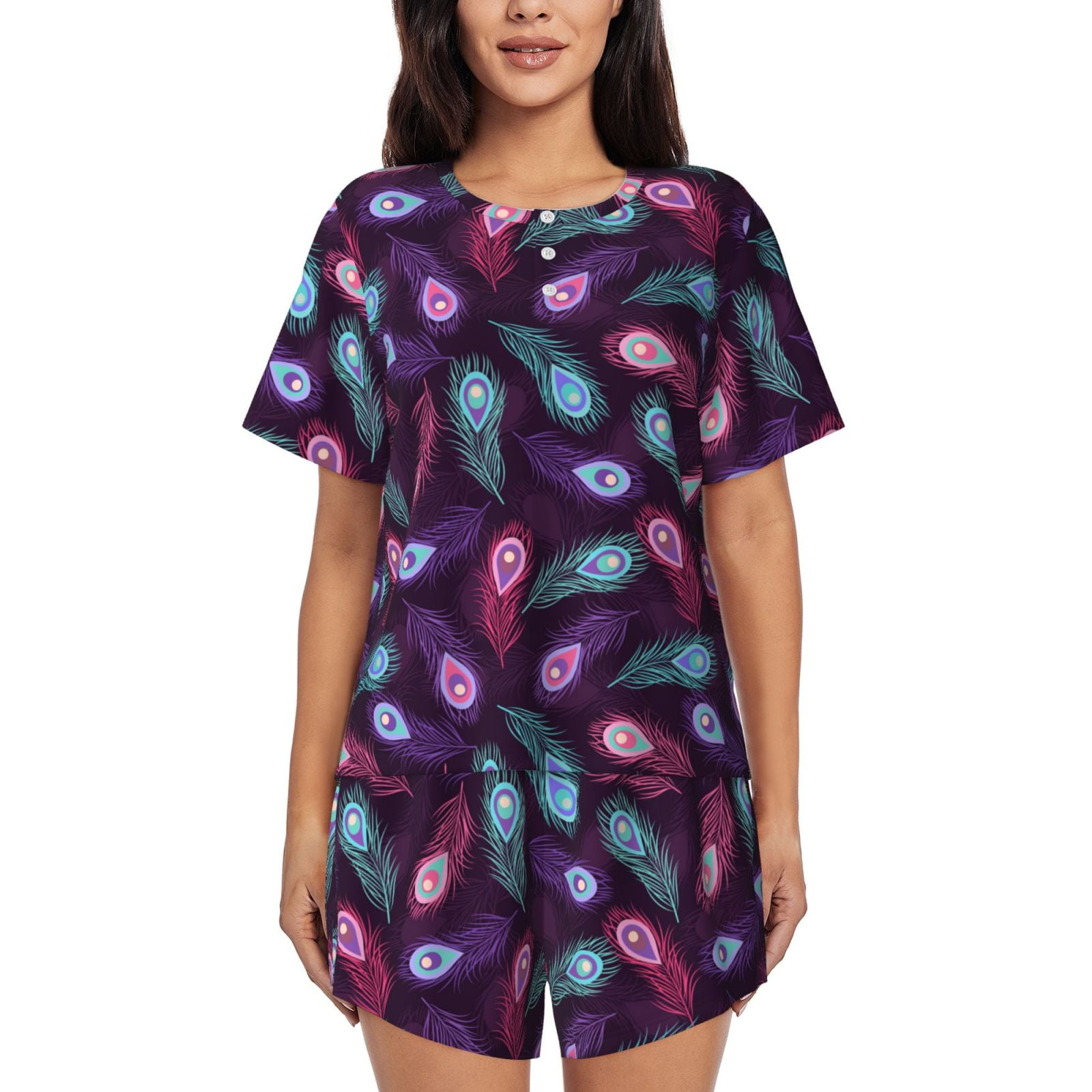 Rateoe Peacock Feathers3 Pattern Women's Short-Sleeved Pajama Set - 2 Piece Soft and Lightweight ...