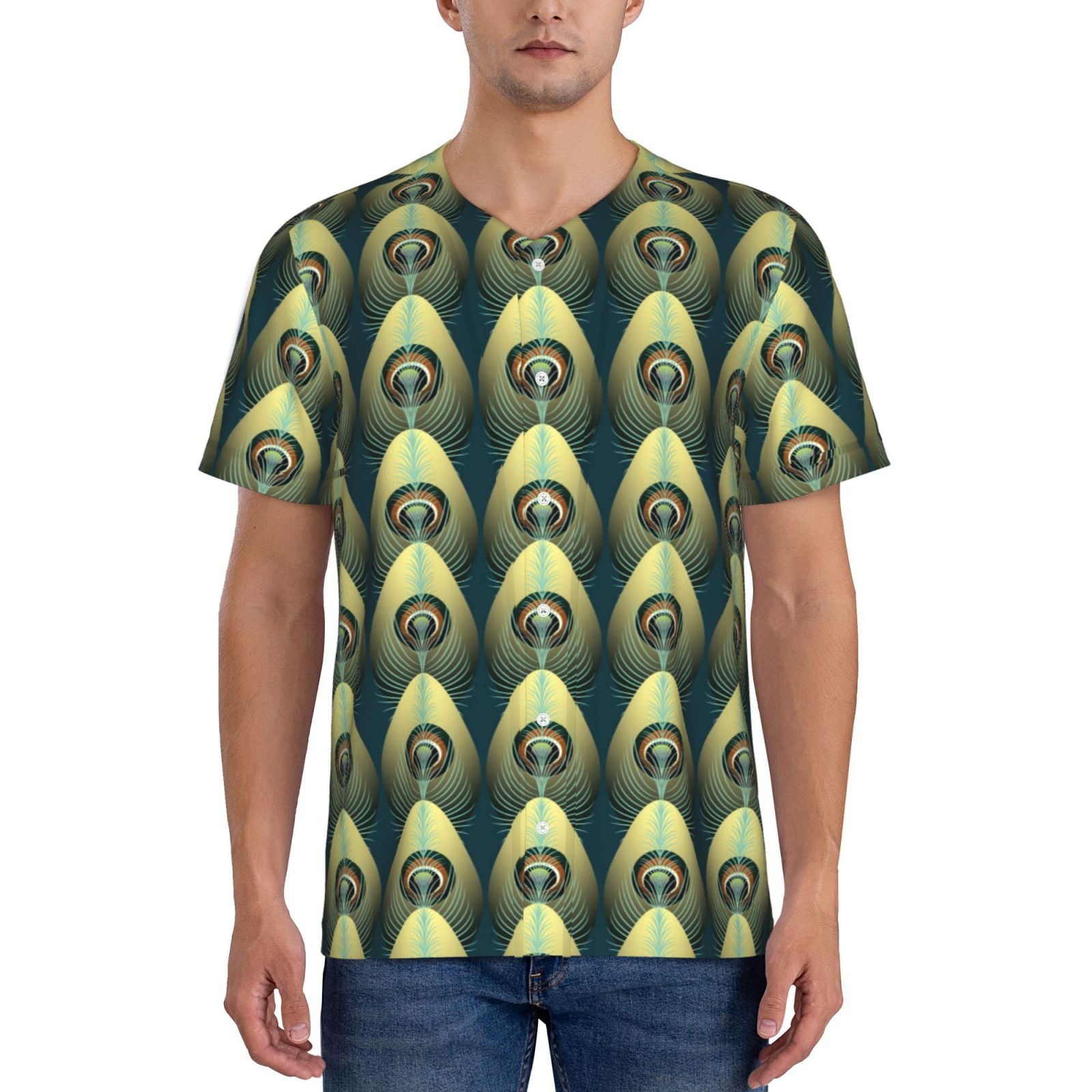 Rateoe Peacock Gold Feather Pattern Men’s Baseball Short Sleeve Polo ...