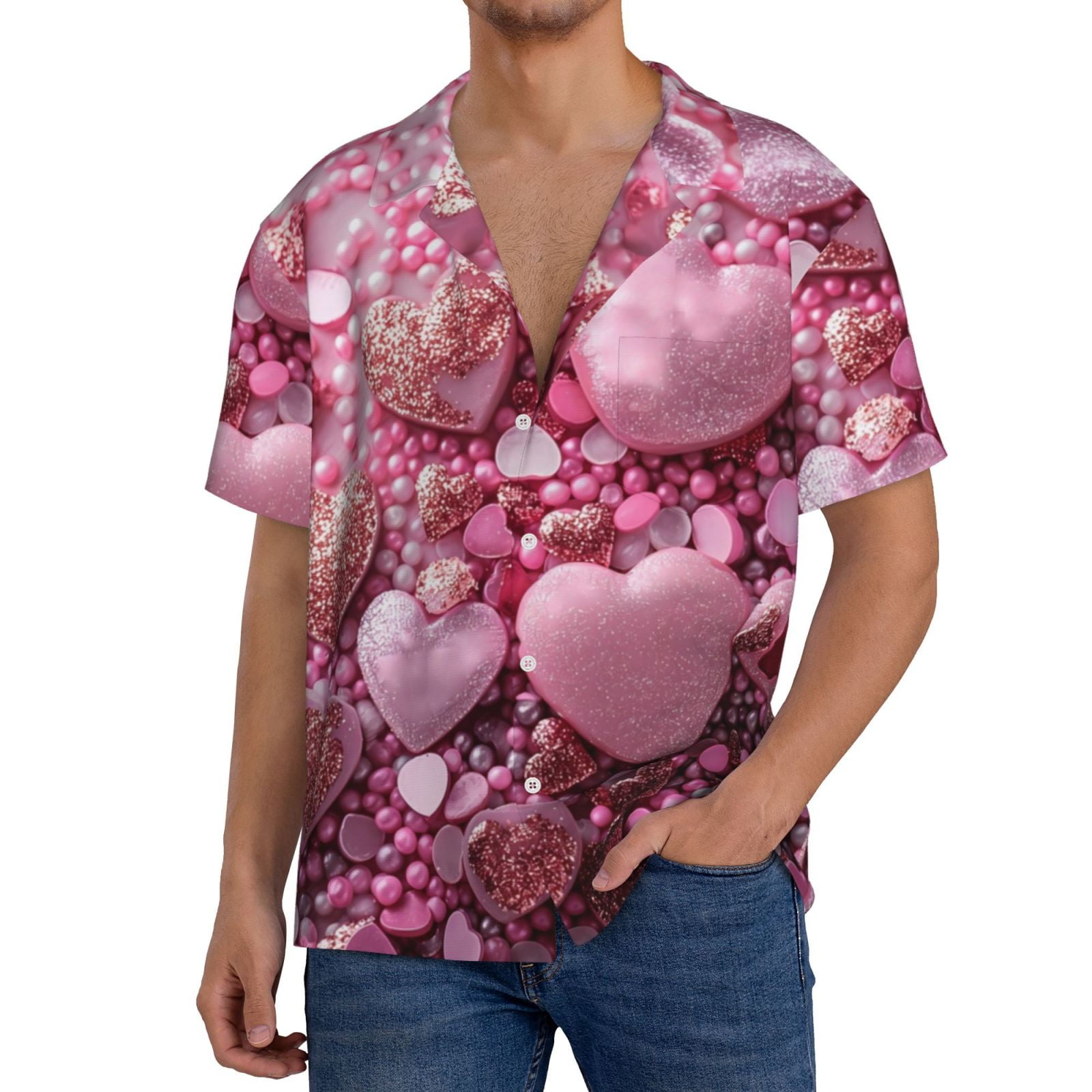 Rateoe Pink Glitter Heart Candy Pattern Men's Short Sleeve Classic ...