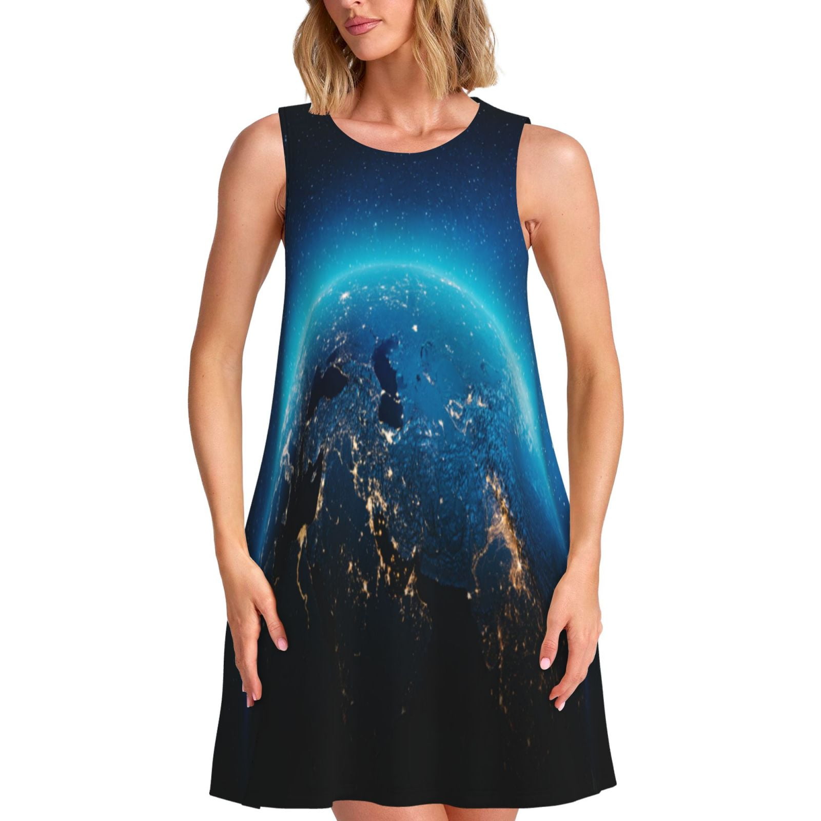 Rateoe Planet Earth Pattern Women’s Sleeveless Dress,Casual Summer ...