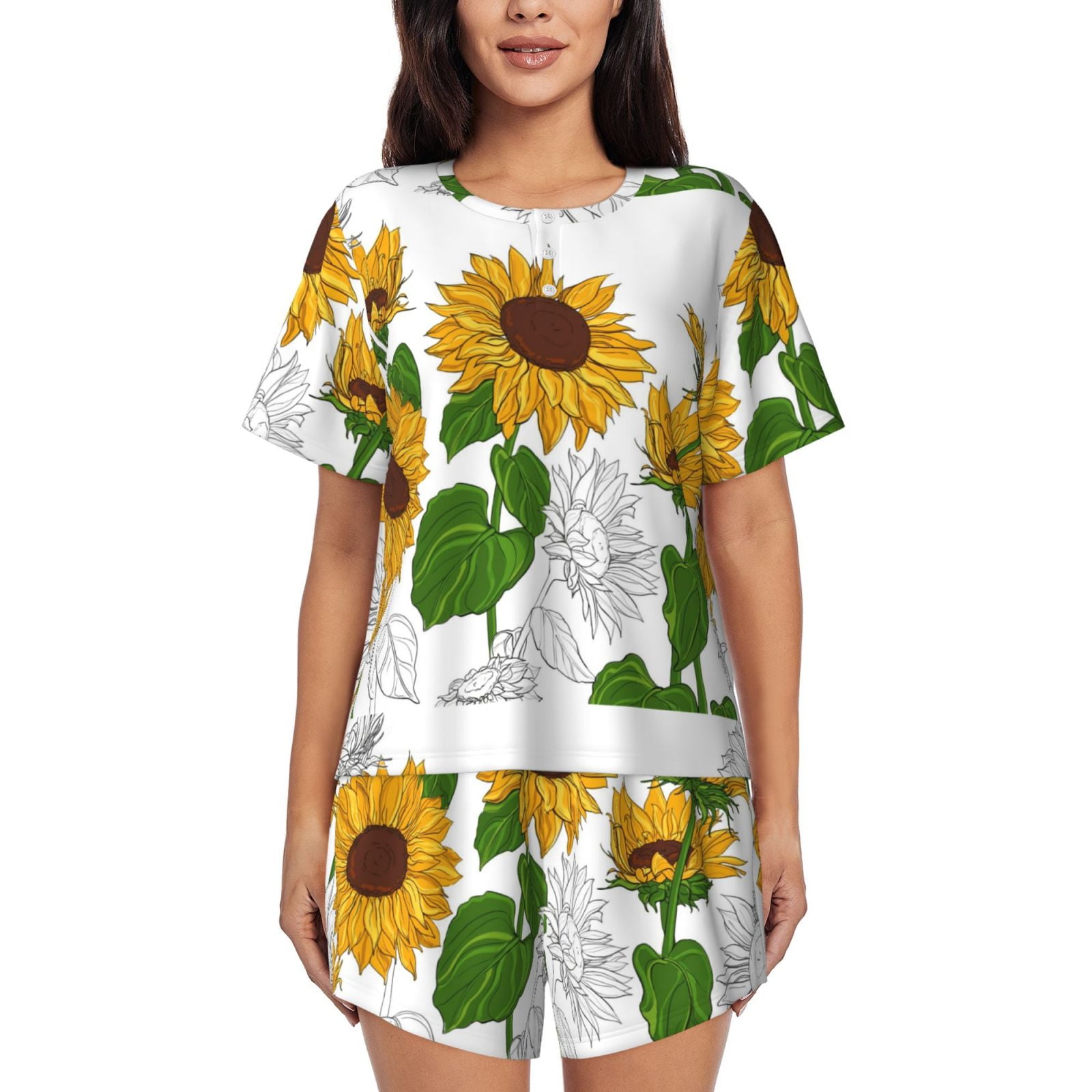 Rateoe Plump Sunflower And Sketch Pattern Women's Short-Sleeved Pajama Set - 2 Piece Soft and ...