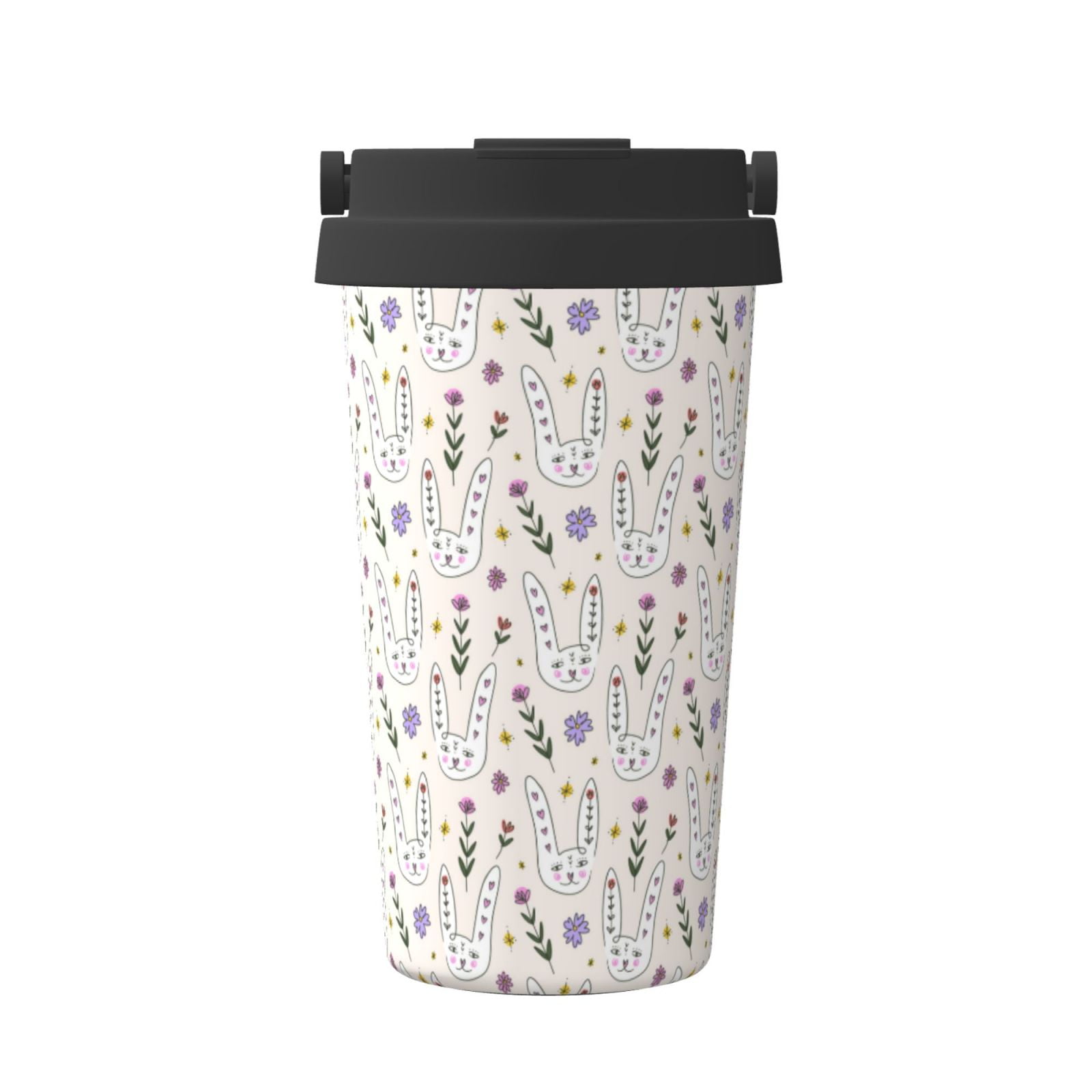 Rateoe Purple Flower Rabbit Pattern Travel Coffee Mug Tumbler with Flip ...