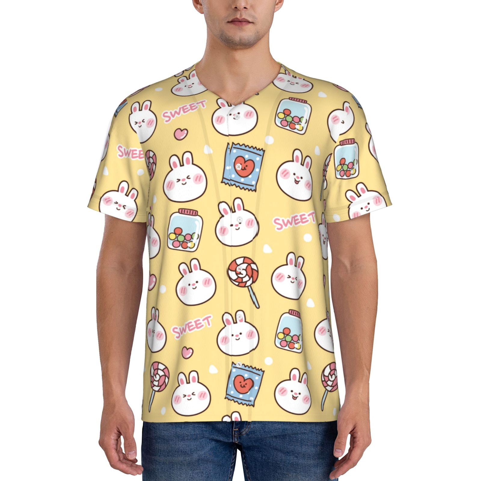 Rateoe Rabbit And Candy Pattern Men’s Baseball Short Sleeve Polo Shirt ...