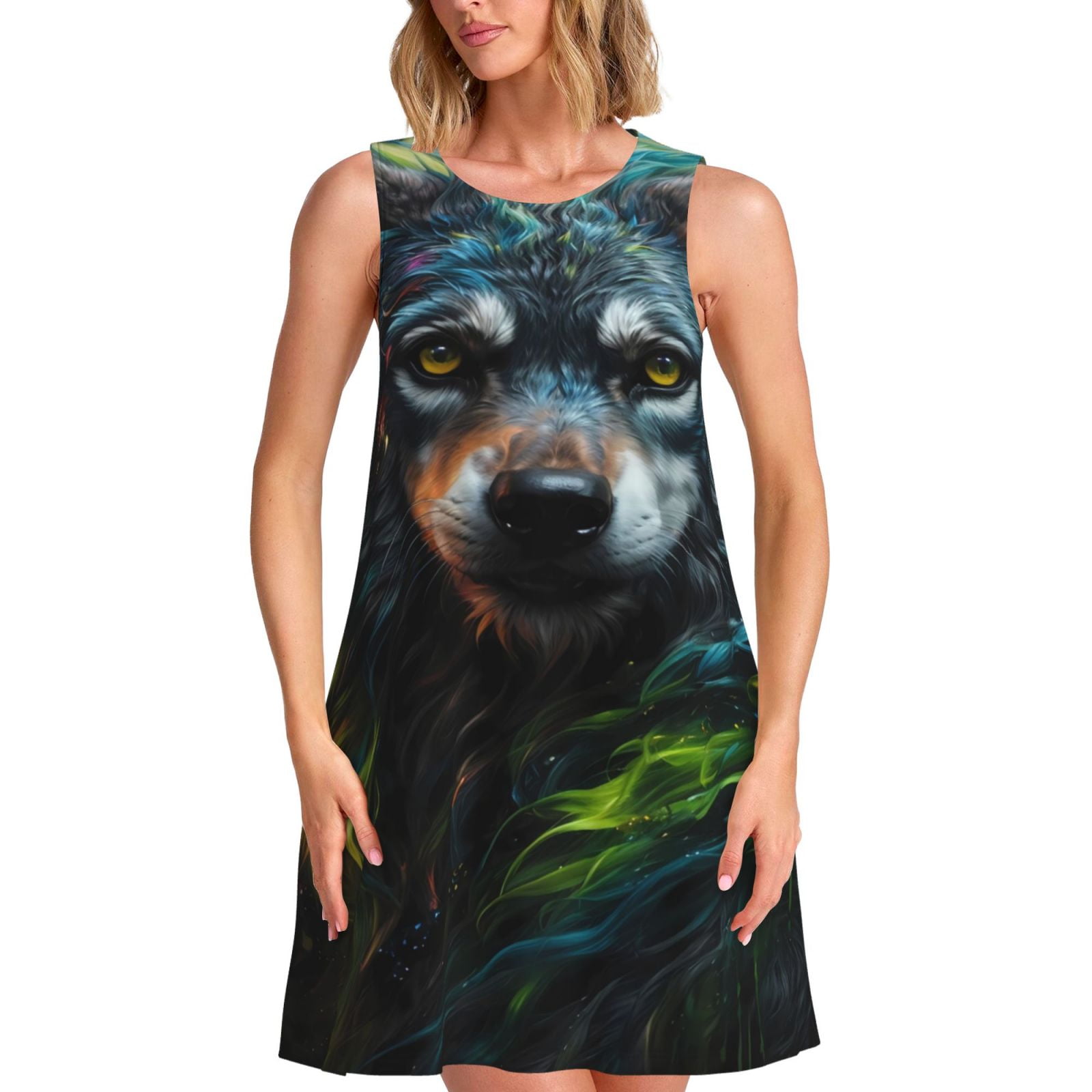 Rateoe Realistic Style Green Fur Wolf Pattern Women’s Sleeveless Dress ...