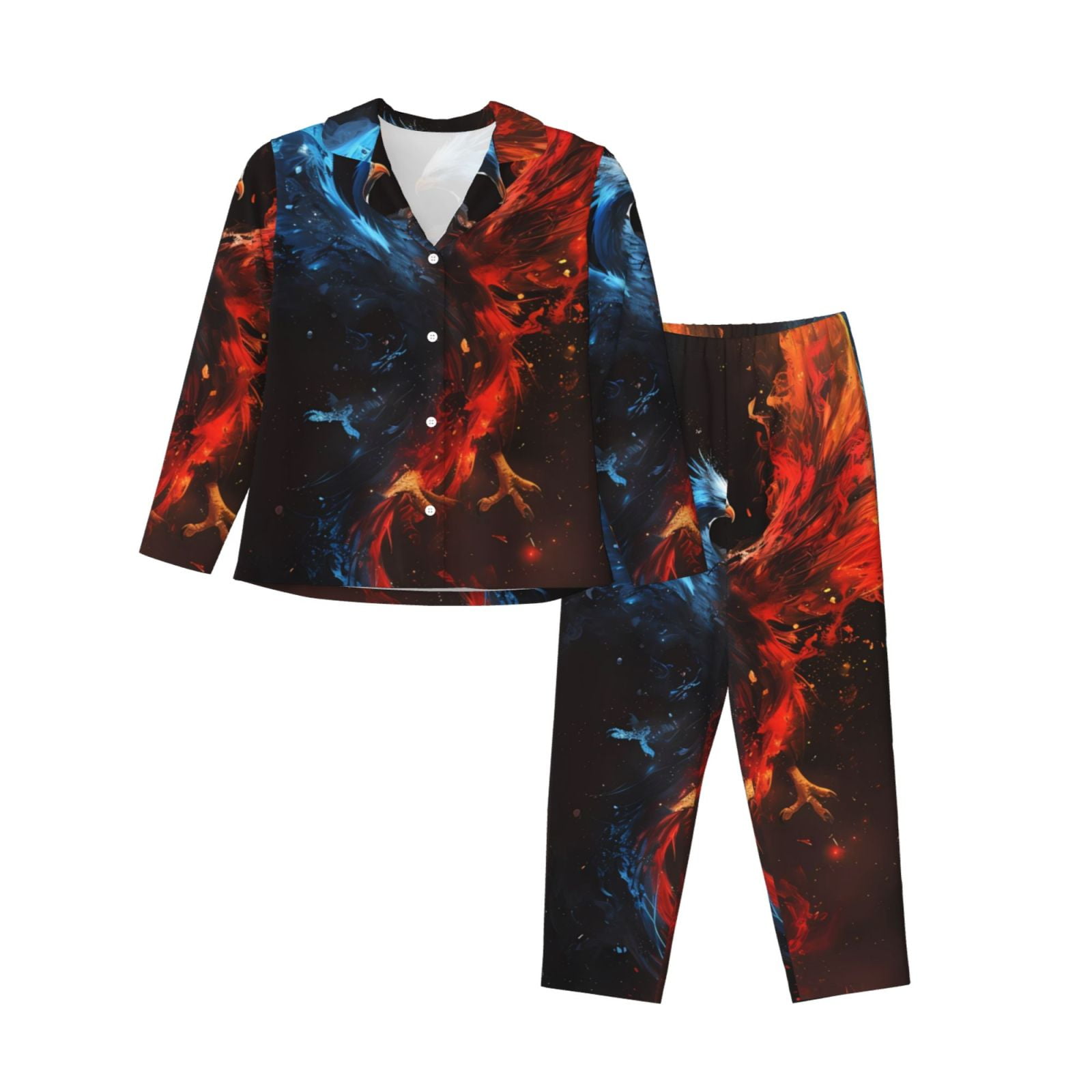 Rateoe Red And Blue Fire Bird Pattern Womens Pajamas Set Long Sleeve ...