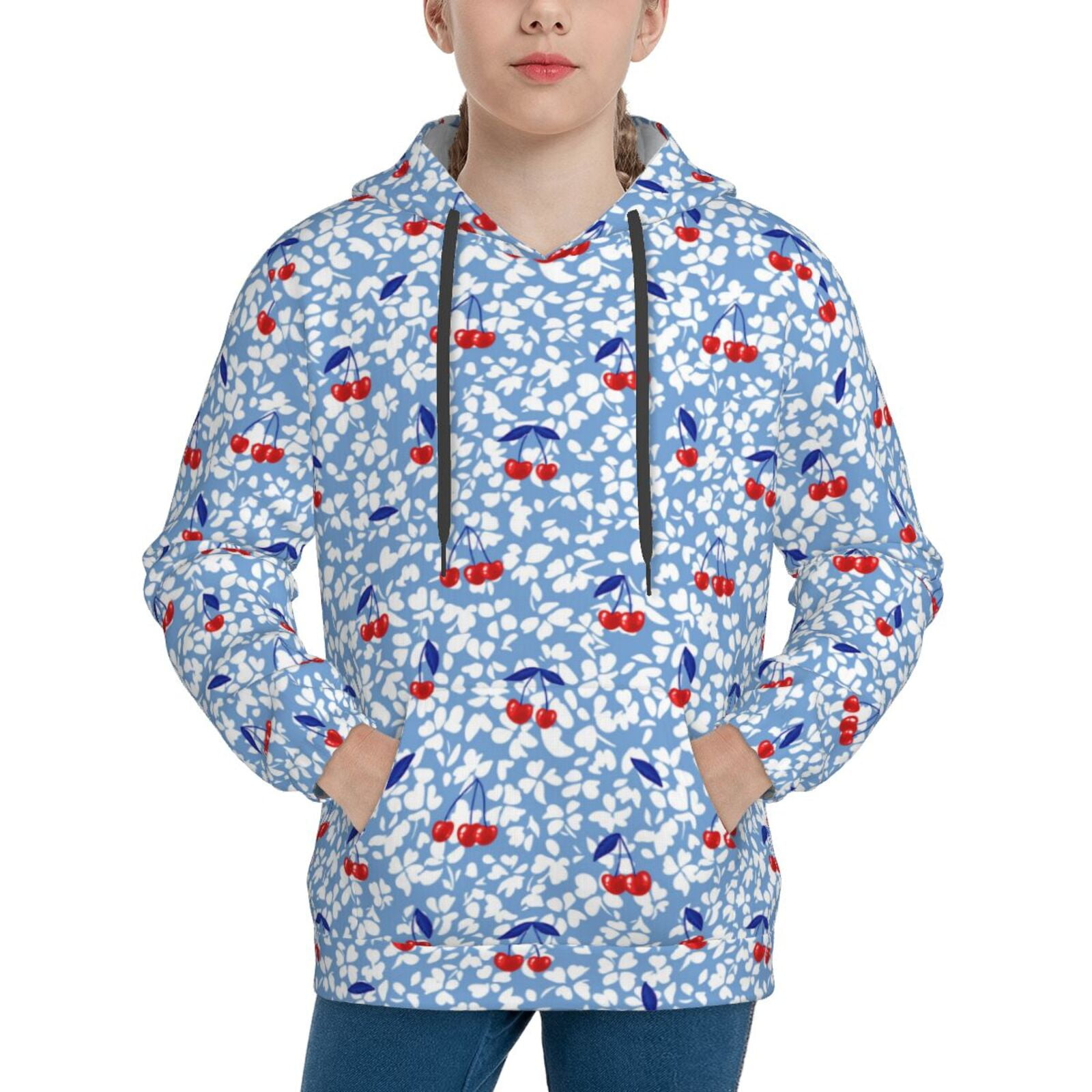 Rateoe Red Cherries Pattern Boys Hoodie, Youth Pullover Hooded ...