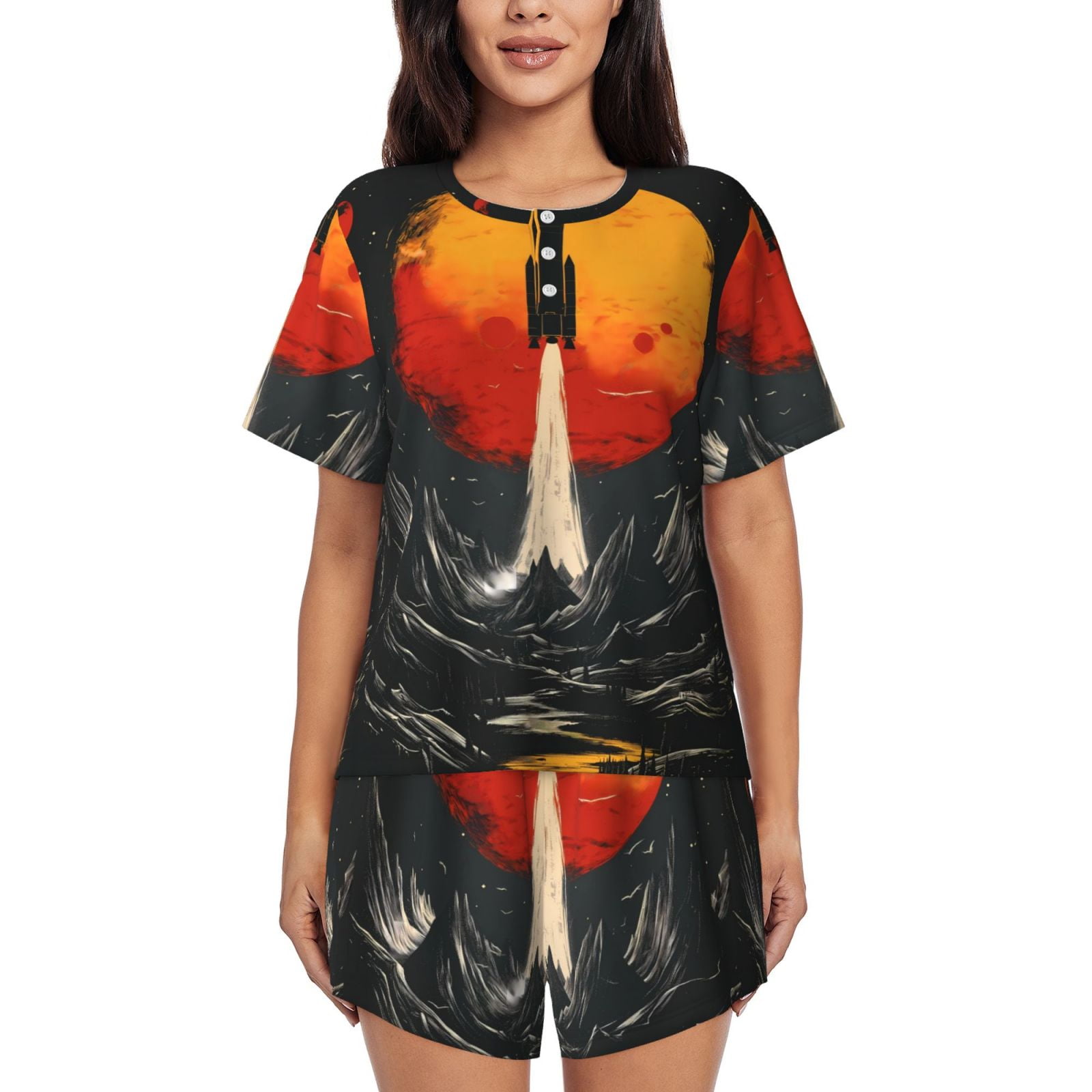 Rateoe Retro Space Rocket Launch Pattern Women's Short-Sleeved Pajama Set - 2 Piece Soft and ...