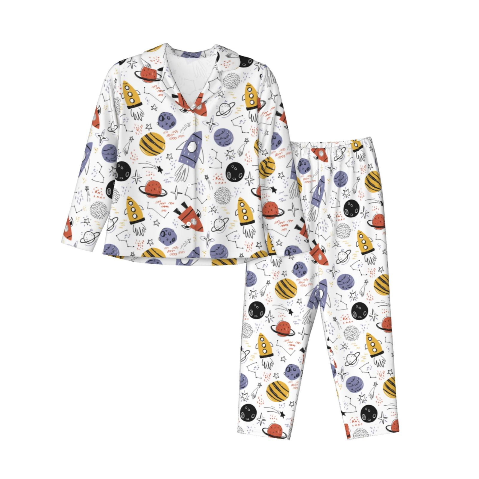 Rateoe Rocket Planets Pattern Womens Pajamas Set Long Sleeve Sleepwear ...