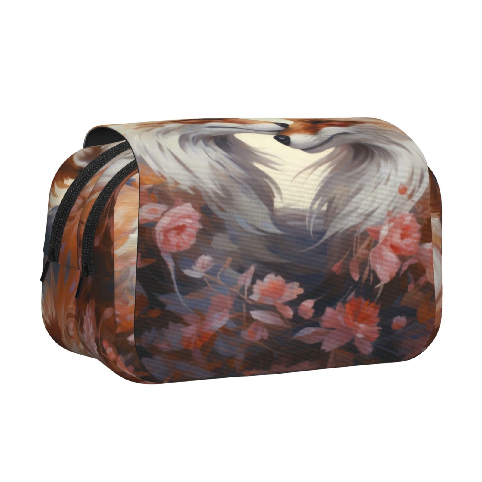Rateoe Romantic Flower Fox Pattern Double Clamshell Pen Case, Storage ...