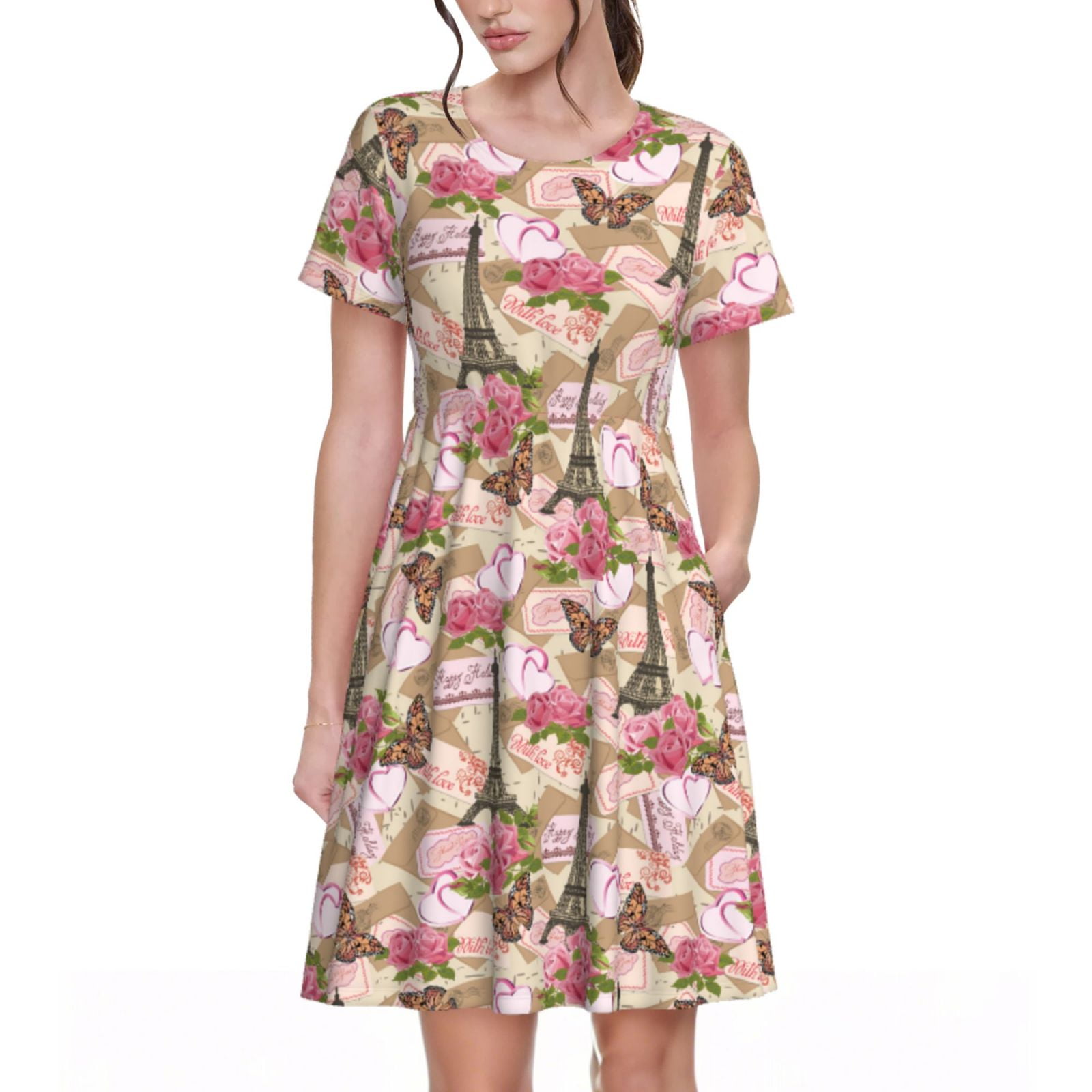 Rateoe Rose Flowers Pattern Women’s Short Sleeve Dress – Casual Elegant ...
