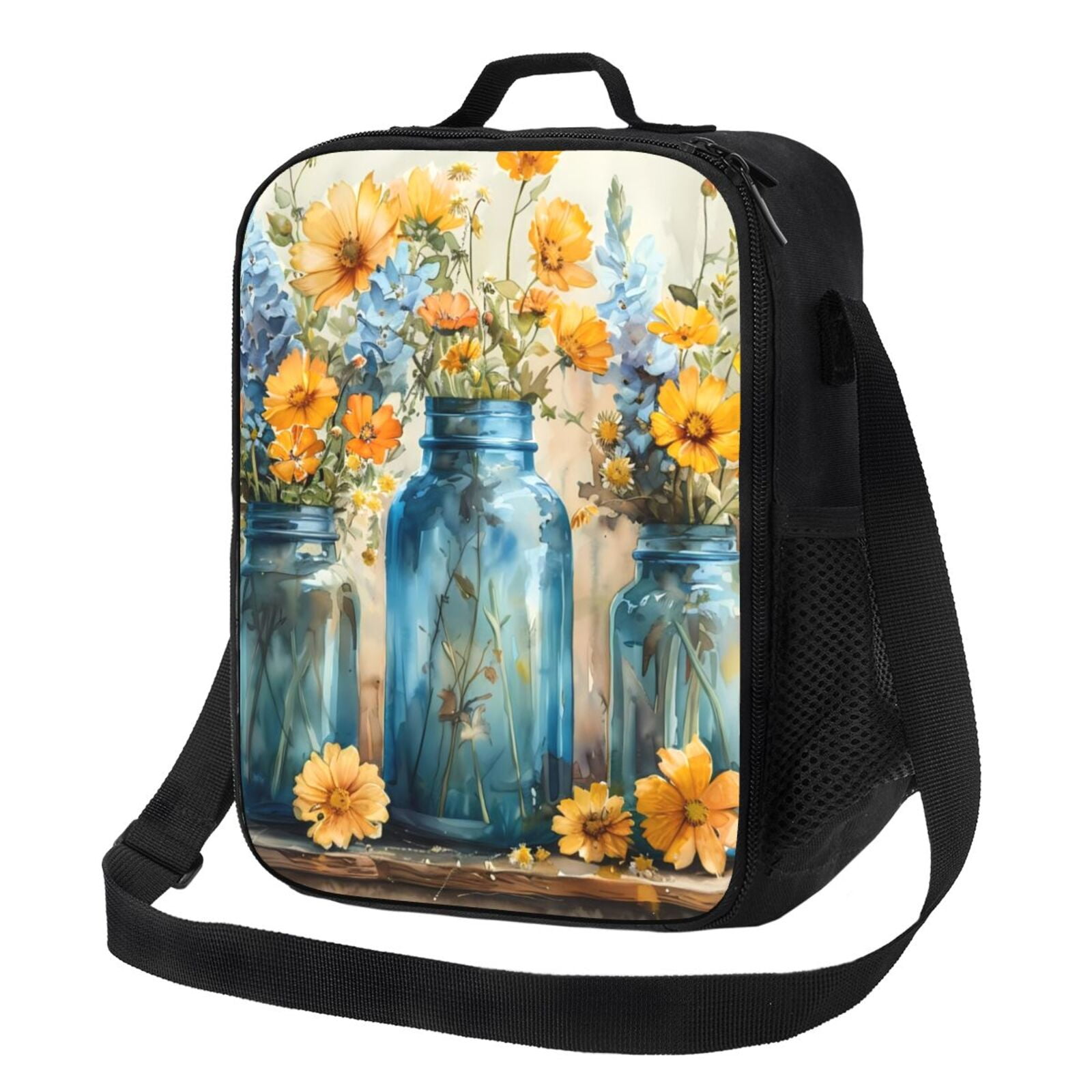 Rateoe Rustic Blue Vase Blossoms Lunch Bag Reusable Lunch Box with ...