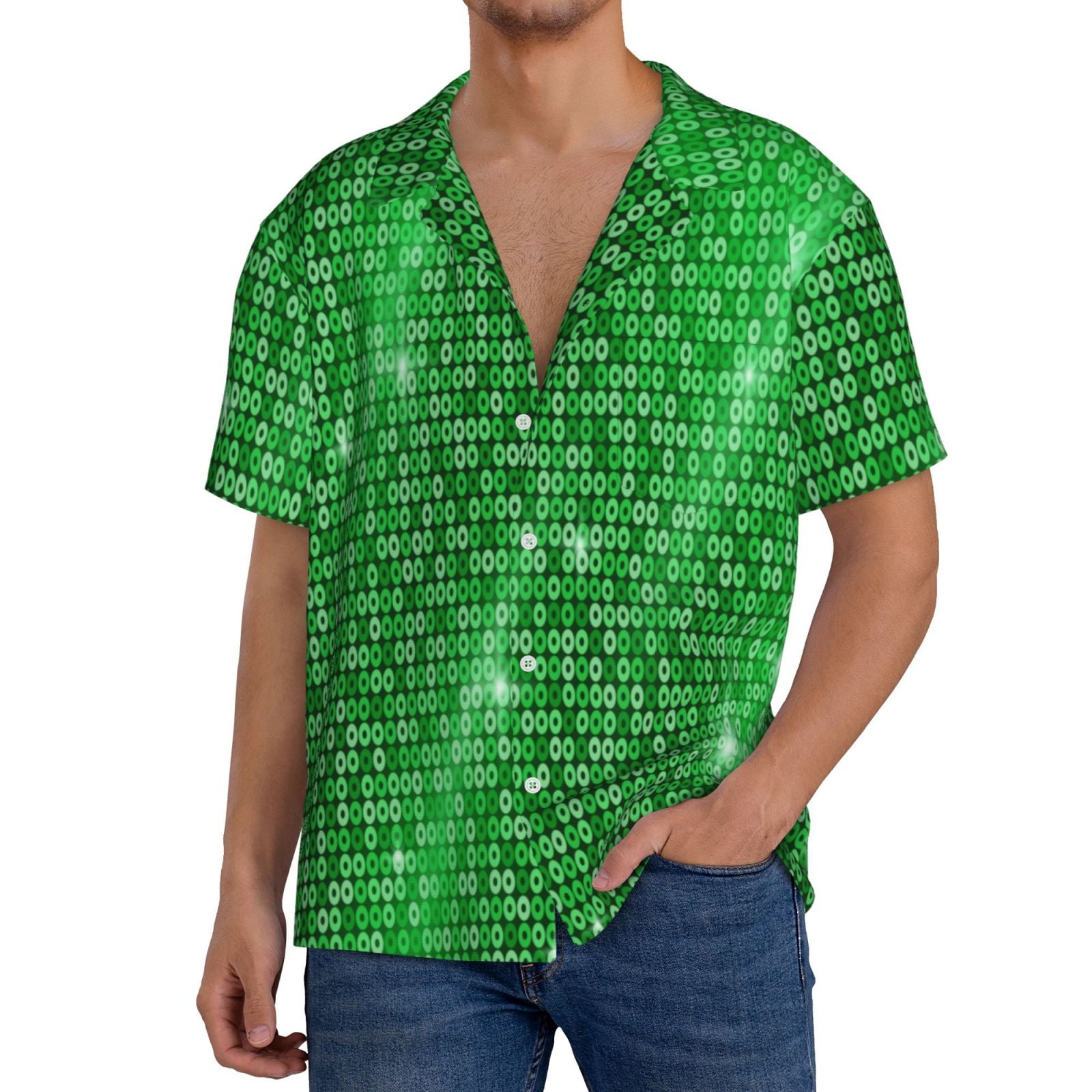 Rateoe Shiny round green sequins Pattern Men's Short Sleeve Classic ...