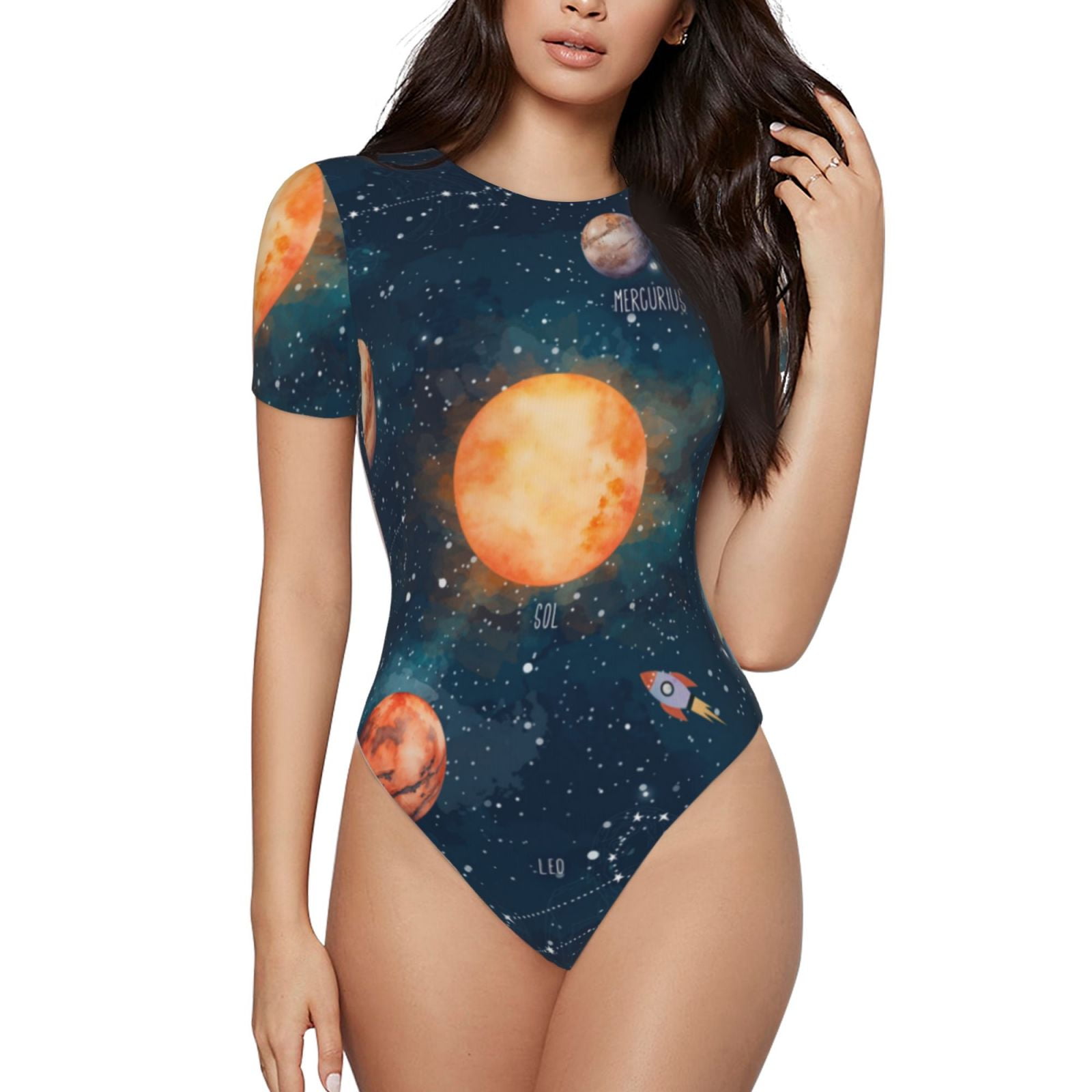 Rateoe Solar System And Planets Printed Women Rash Guard Short Sleeve,Tummy control Swimsuit ...