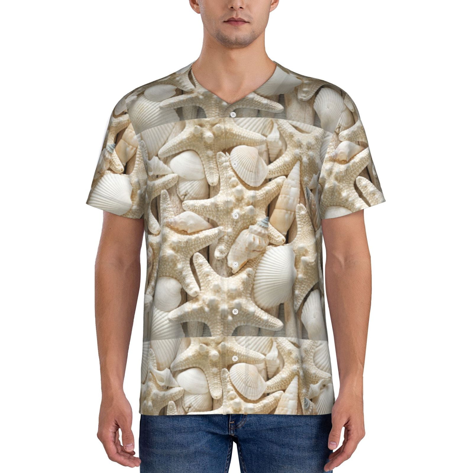 Rateoe Starfish and Sea Shells Pattern Men’s Baseball Short Sleeve Polo ...