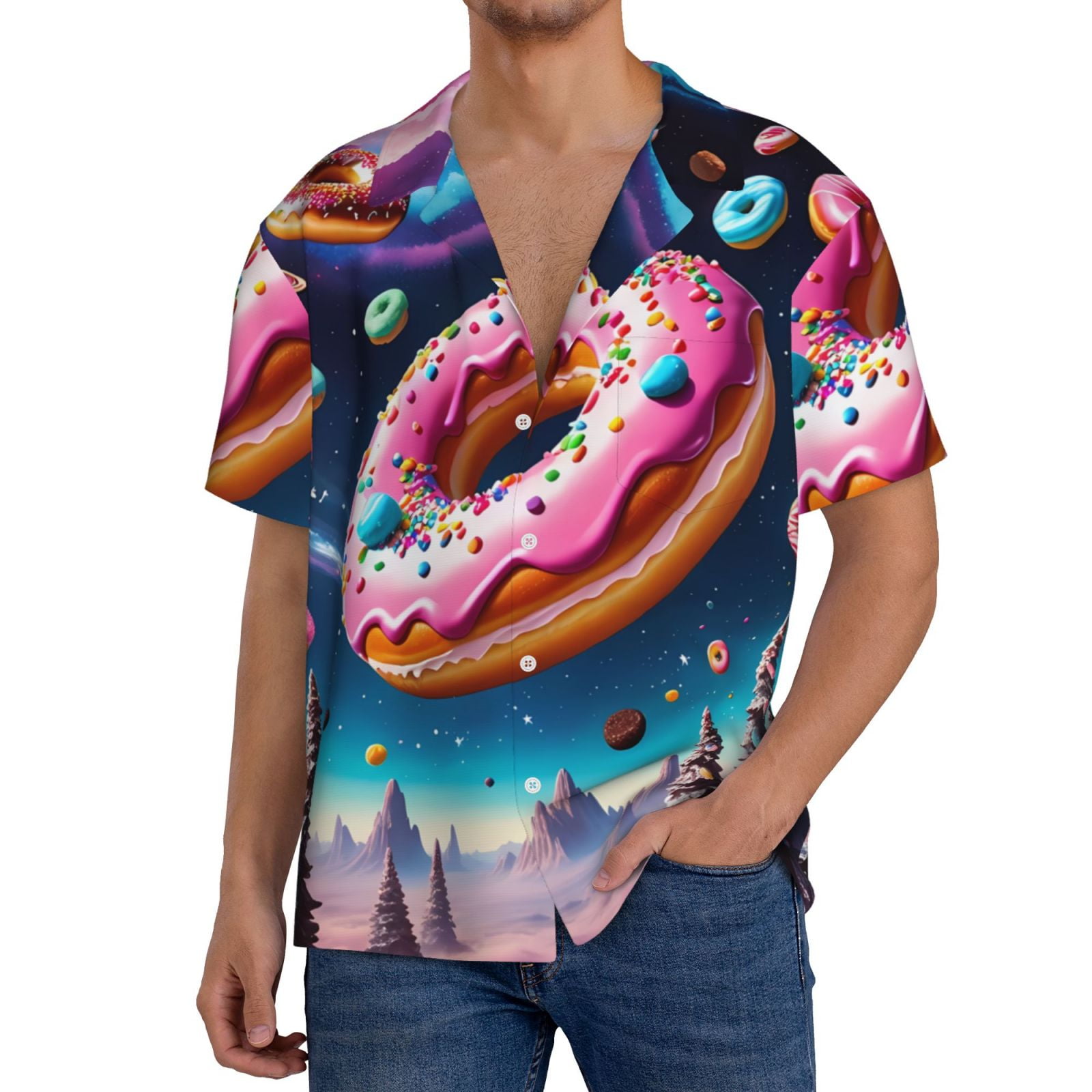 Rateoe Starry Sky Pine Tree Donut Pattern Men's Short Sleeve Classic Shirt, Casual Short-Sleeved ...