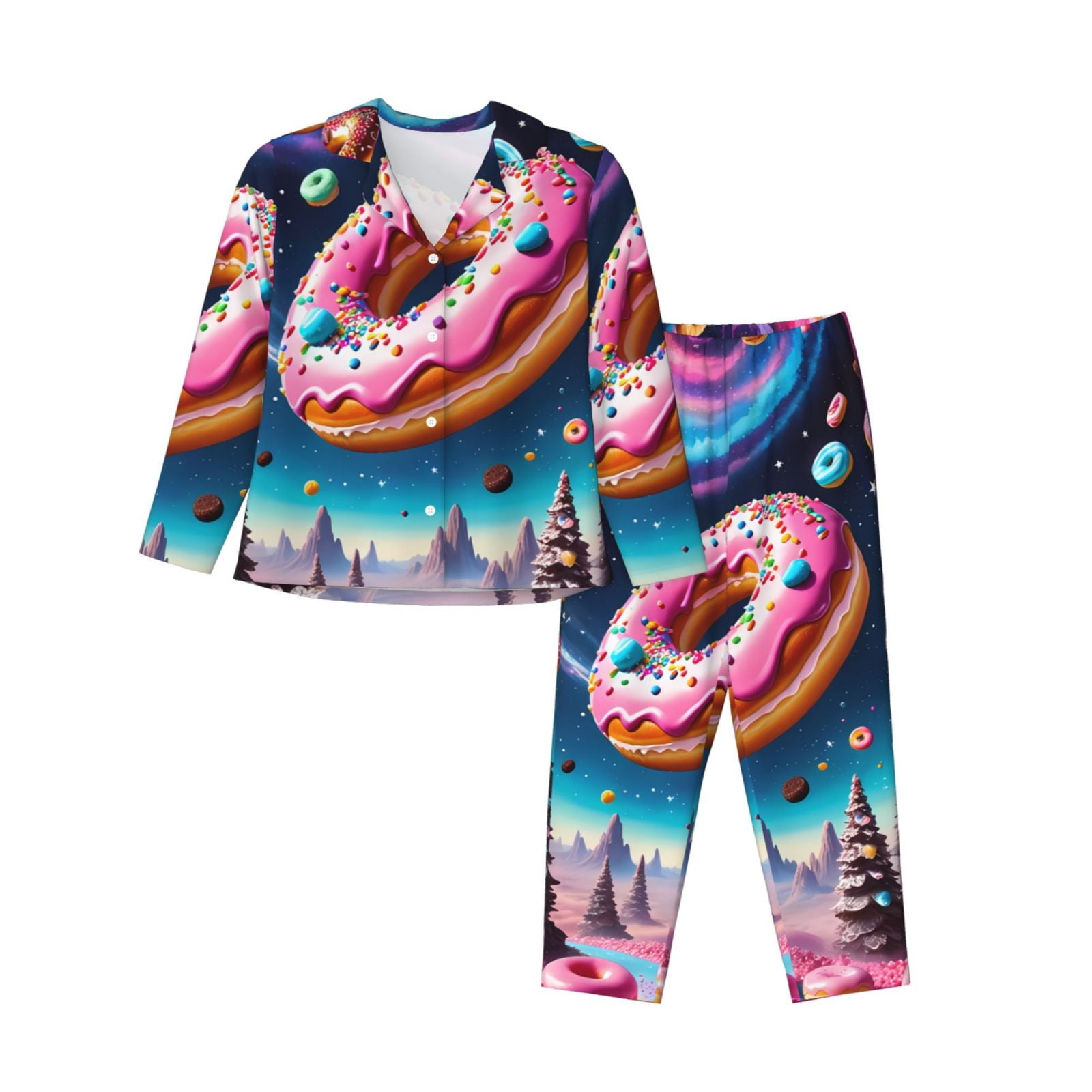 Rateoe Starry Sky Pine Tree Donut Pattern Womens Pajamas Set Long ...